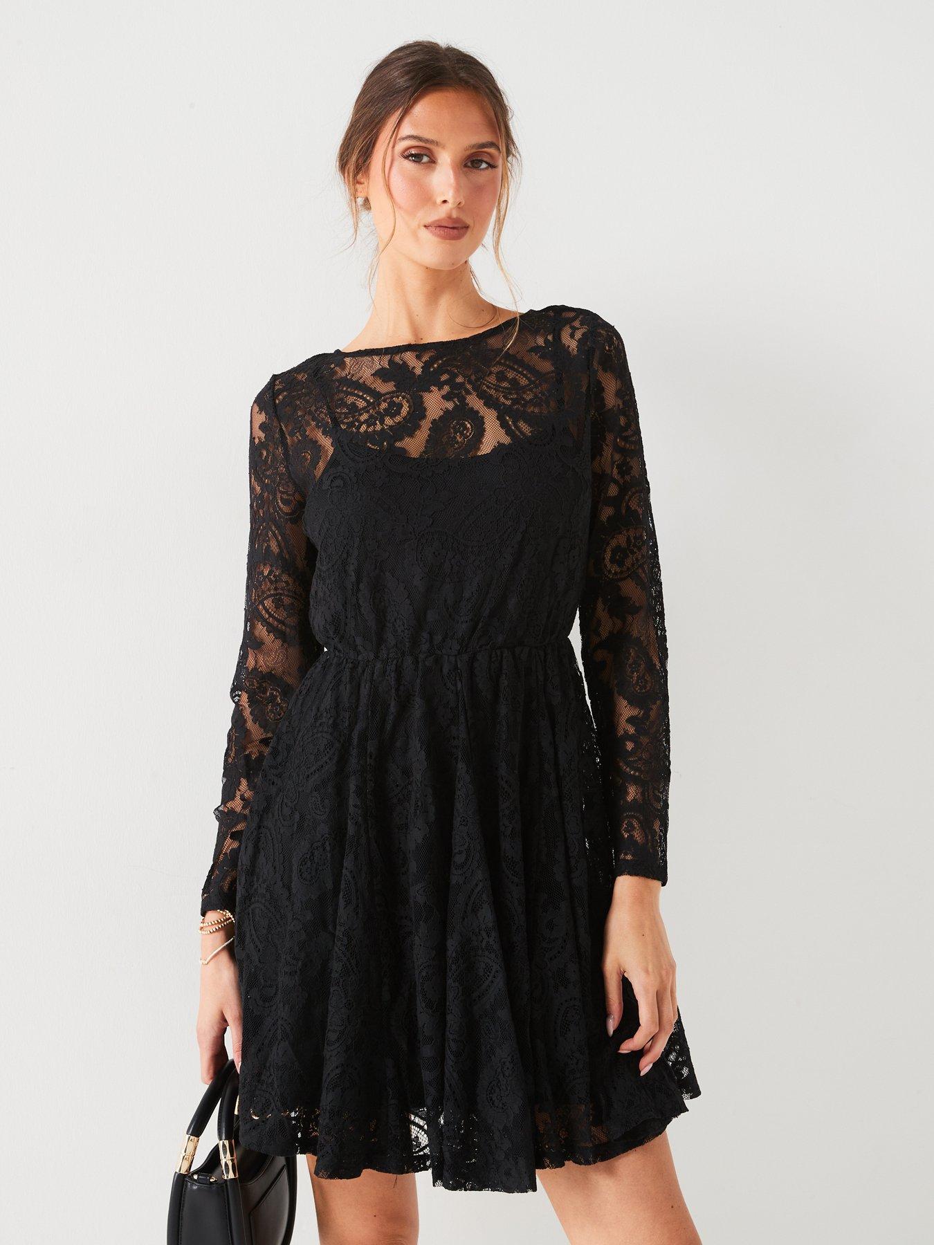 V by Very Lace Skater Mini Dress - Black | Very