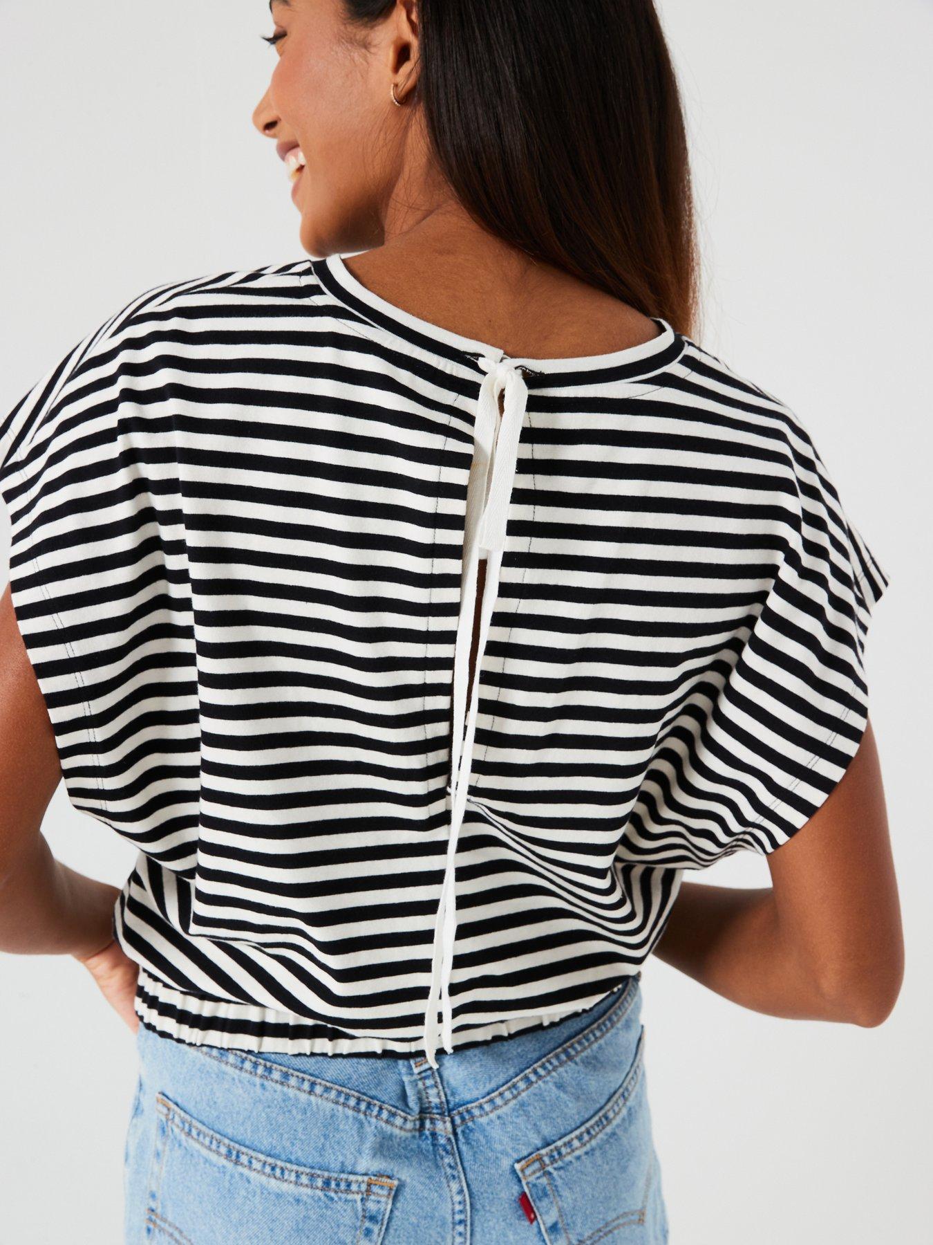 V by Very Stripe Tie Back T-Shirt - Mono Stripe | Very