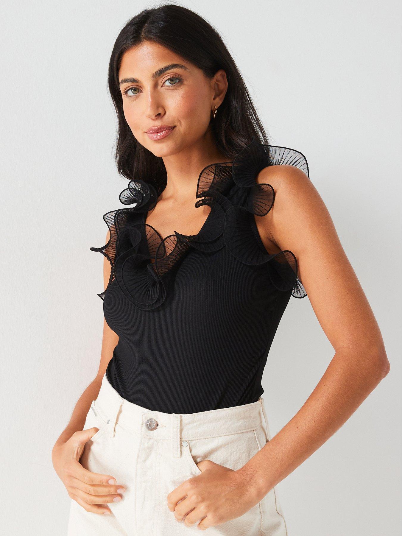 V by Very Mesh Frill Shoulder Bodysuit -Black | Very