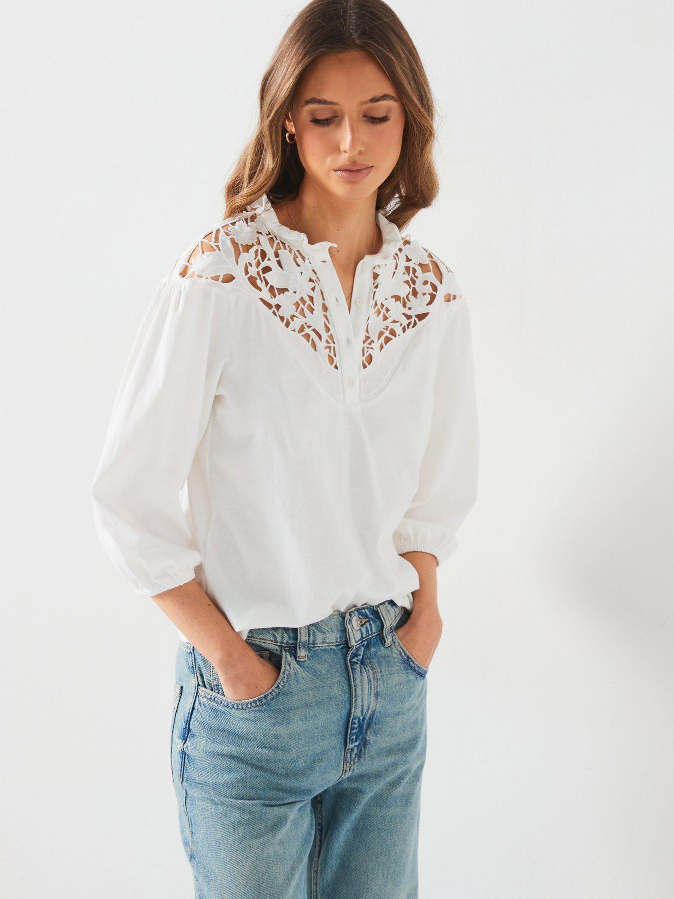 V by Very Crochet Insert Long Sleeve Top - Cream | Very
