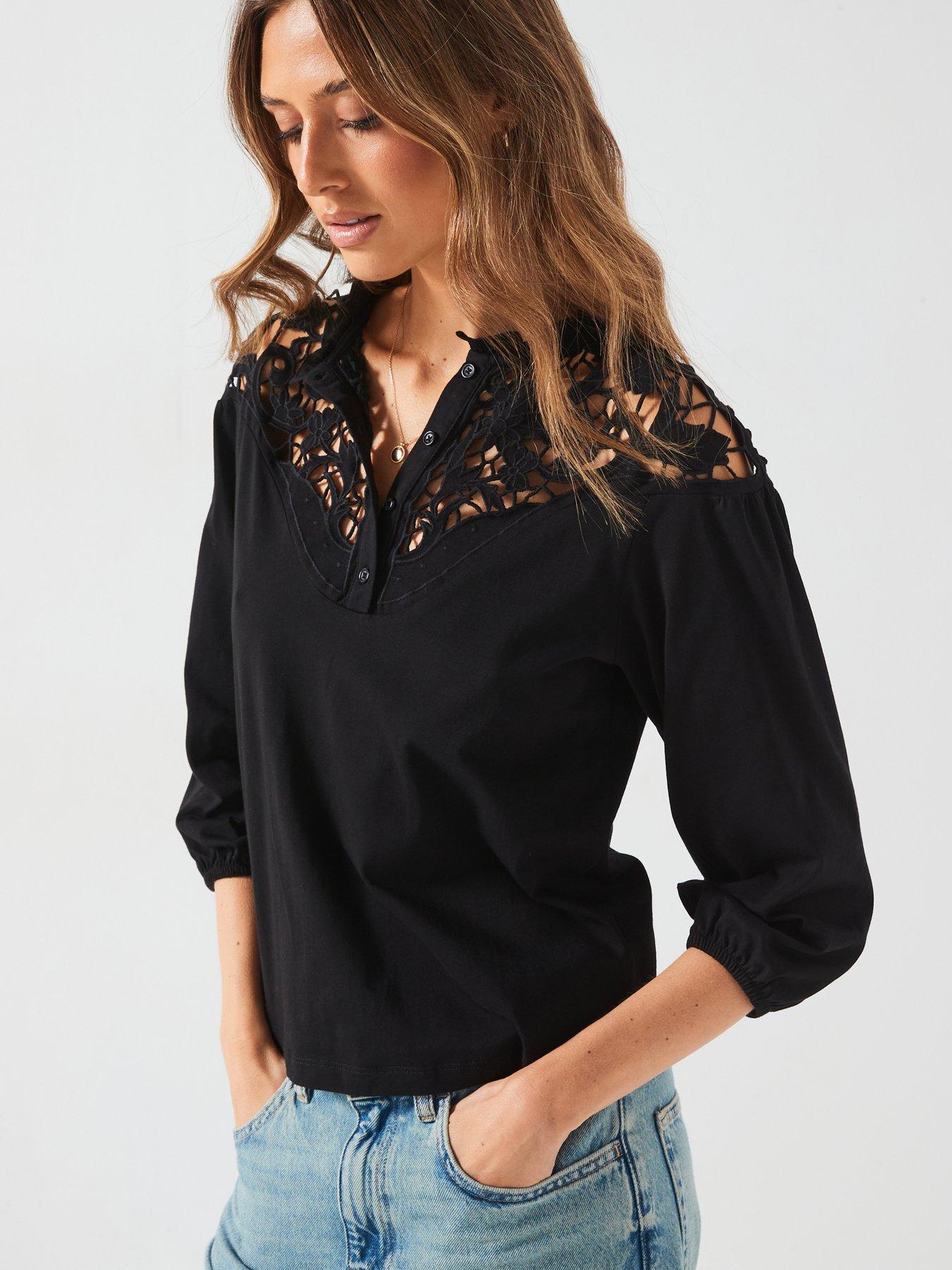 V by Very Crochet Insert Long Sleeve Top - Black | Very