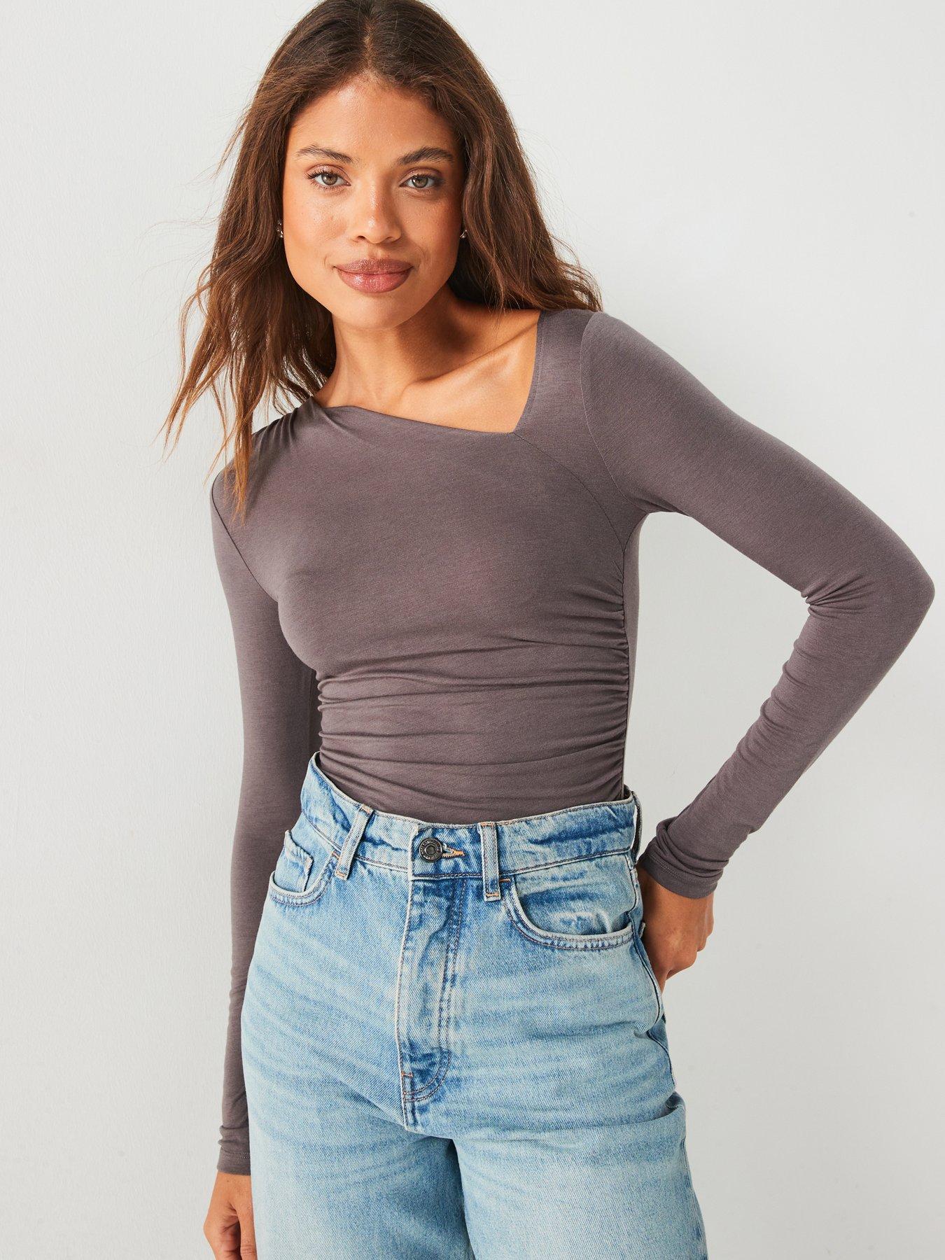 Everyday Long Sleeve Slash Neck Top - Grey | Very