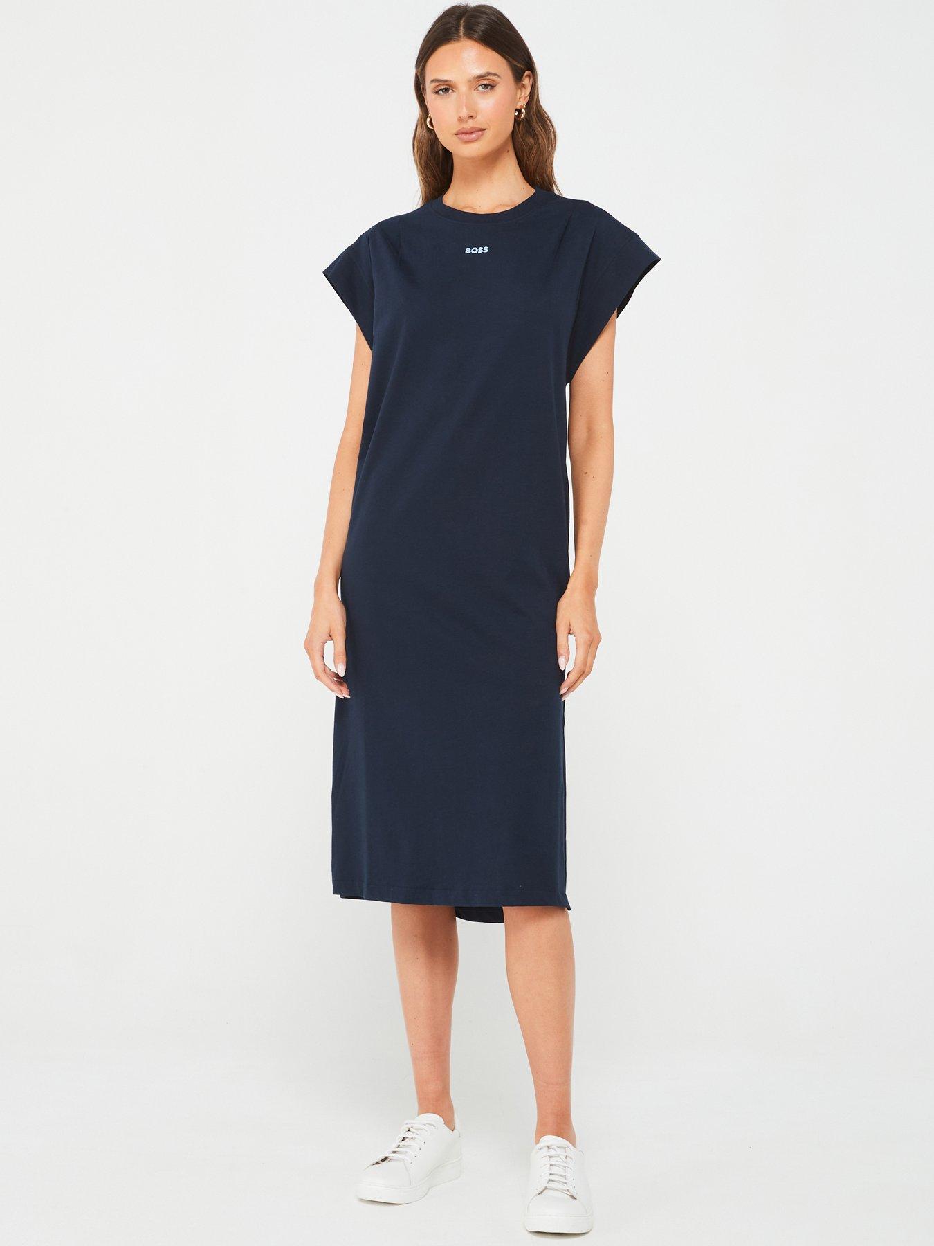 BOSS Edress Logo Jersey Midi Dress - Navy | Very