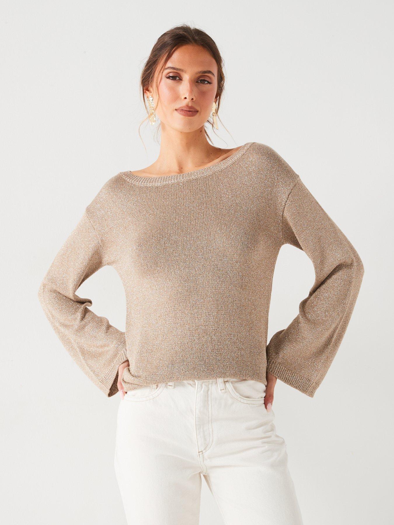 V by Very Boat Neck Flare Sleeve Metallic Jumper - Gold | Very