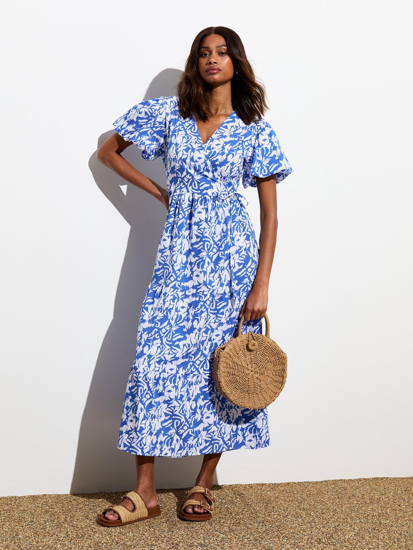 New Look Blue Abstract Print Puff Sleeve Wrap Midi Dress | Very