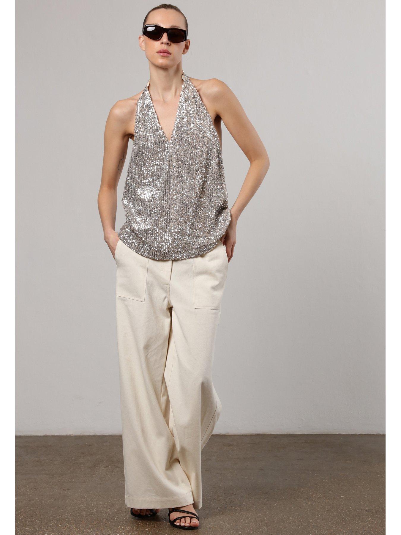 Religion Metallic Sequin Backless Top With Halter Neck - Silver | Very