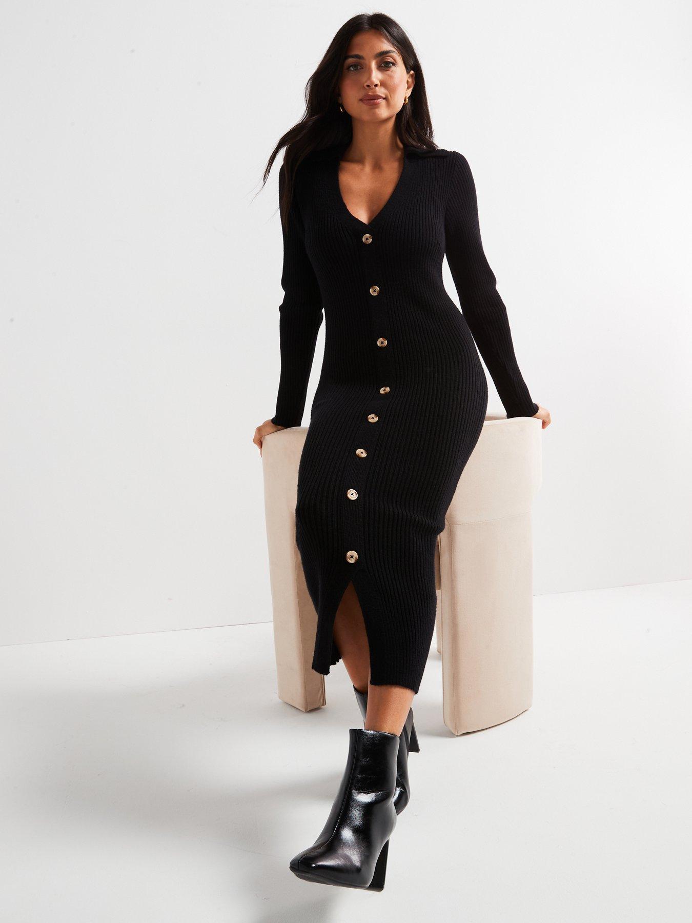 Everyday Collared Button Front Midi Dress - Black | Very