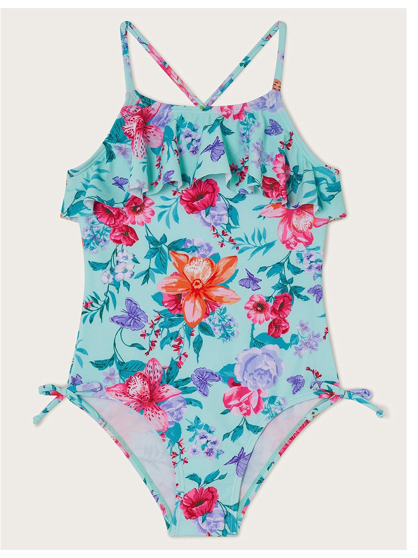 Monsoon Girls Botanical Frill Swimsuit - Turquoise | Very