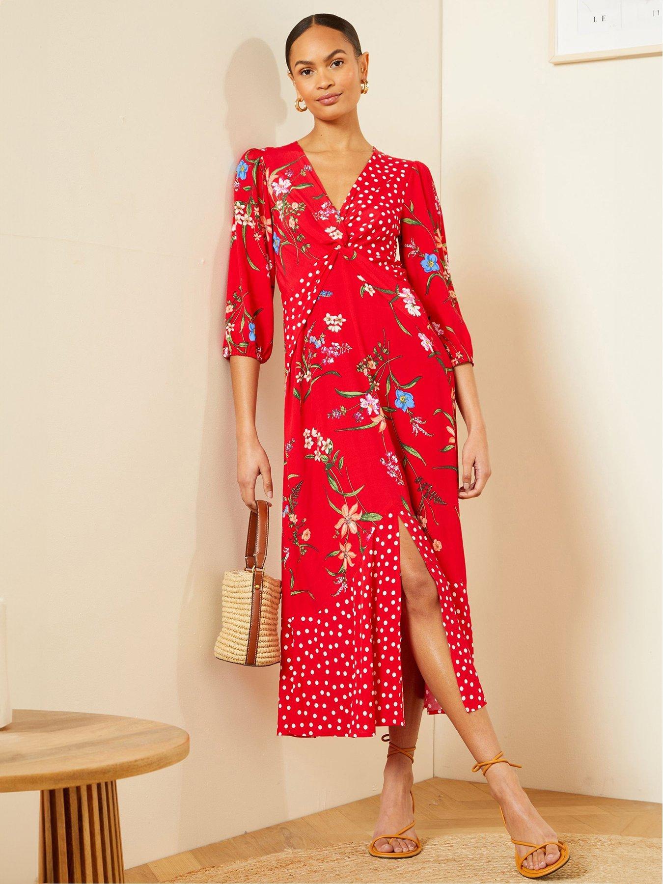 Love & Roses Twist Front Patched Midi Dress-red | Very