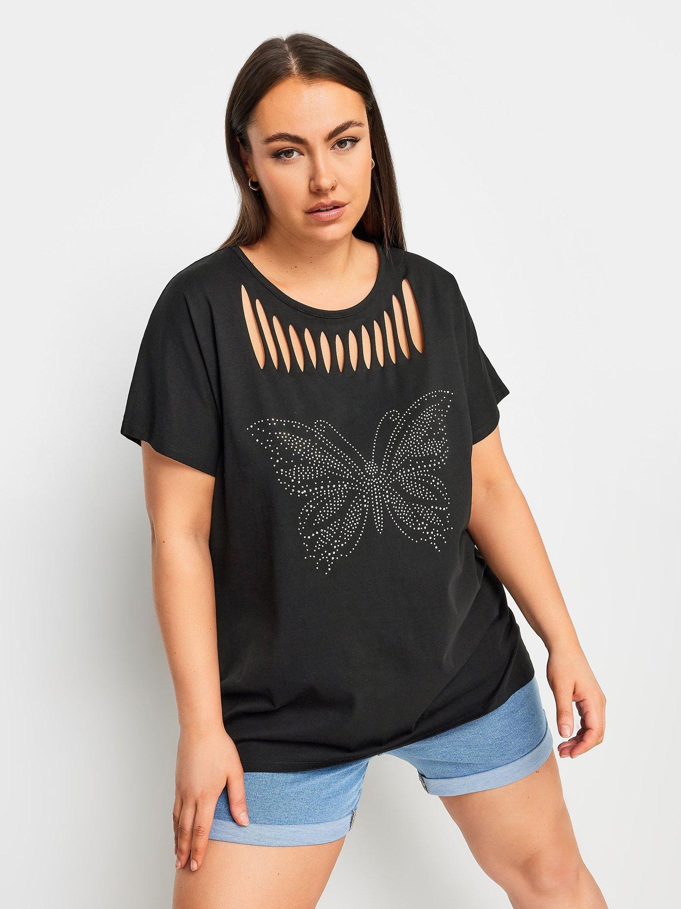 Yours Curve Laser Cut T-shirt Yolk Cut Butterfly Bling - Black | Very