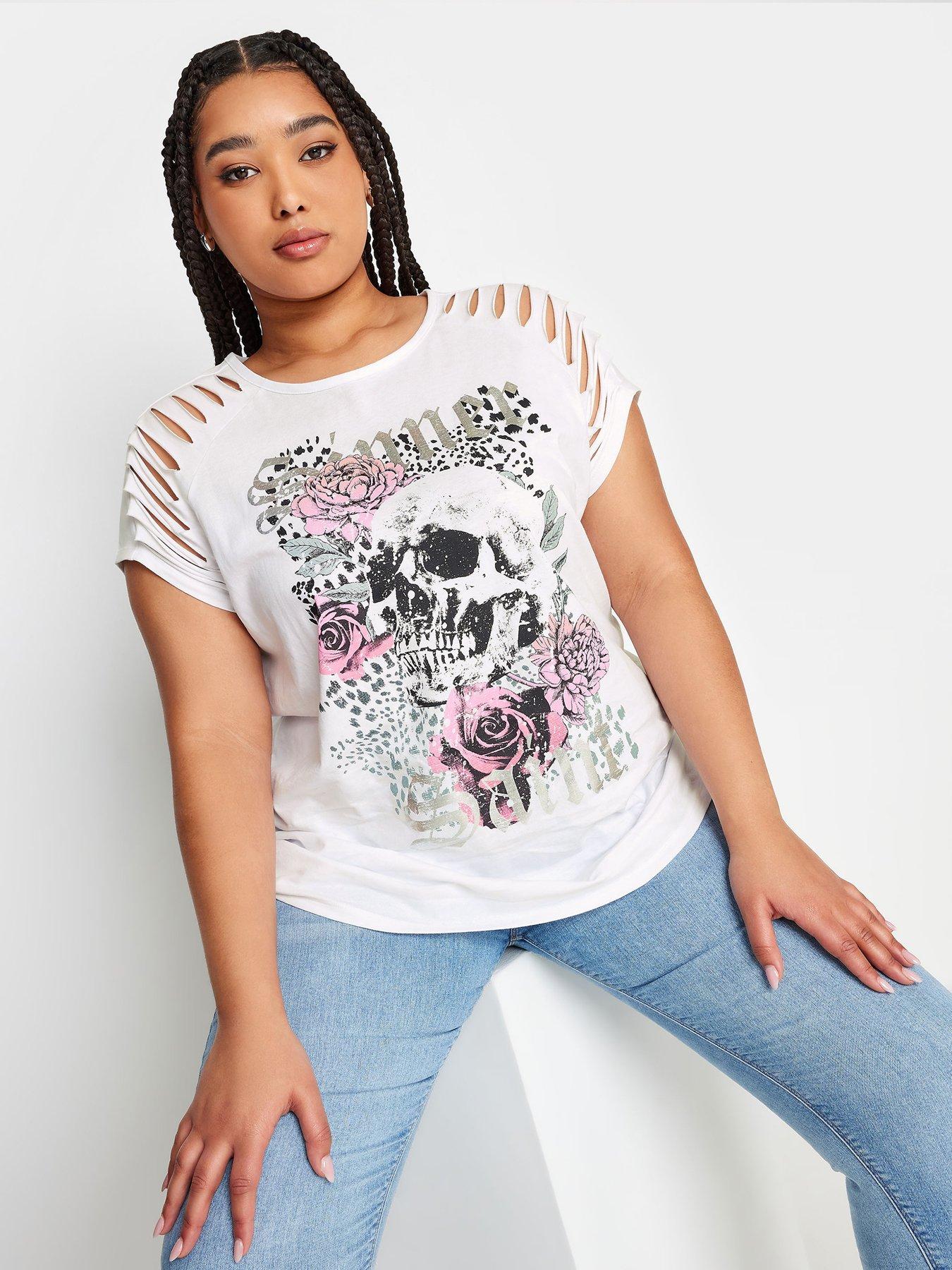Yours Curve Laser Cut T-shirt Raglan Saint Sinner - White | Very