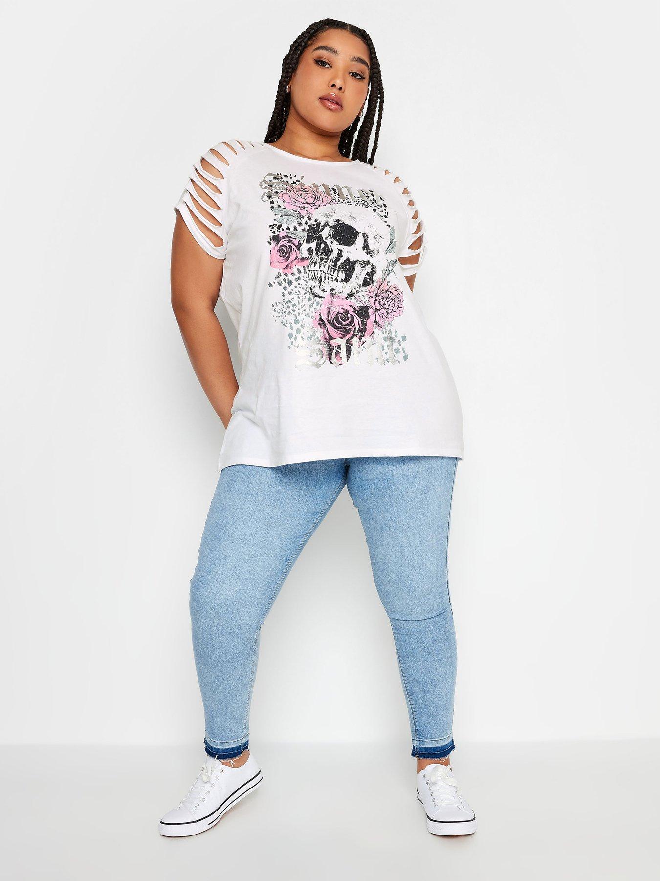 Yours Curve Laser Cut T-shirt Raglan Saint Sinner - White | Very