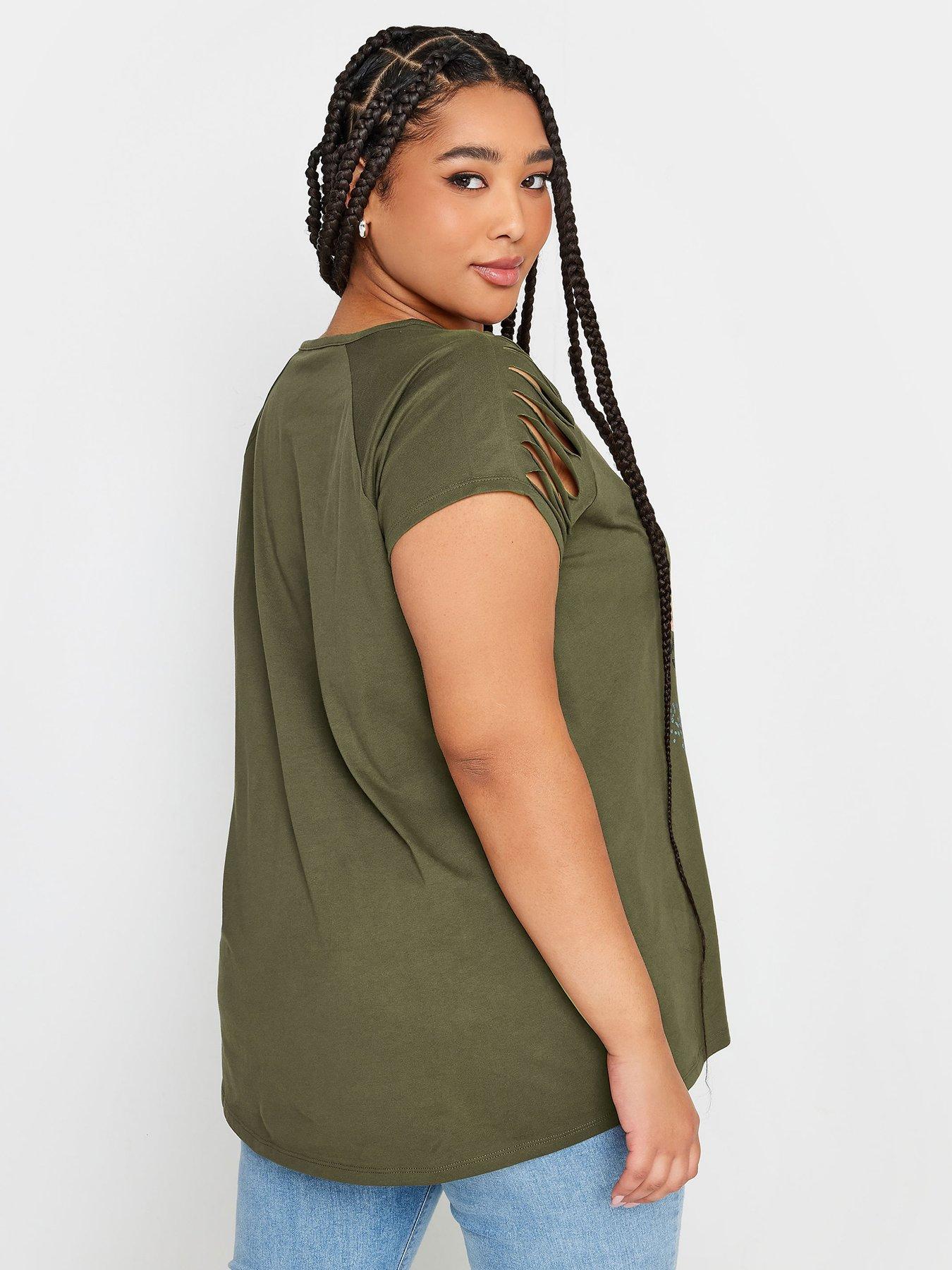 Yours Curve Laser Cut T-shirt Raglan Saint Sinner Khaki | Very