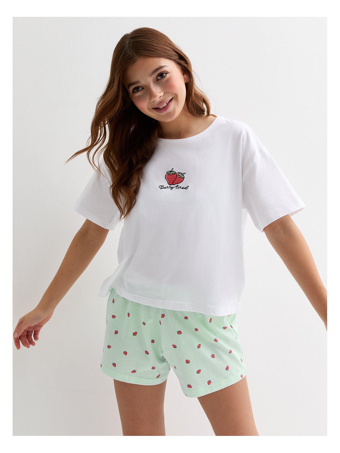 New Look 915 Girls White Cotton Berry Tired Logo Short Pyjama Set ...