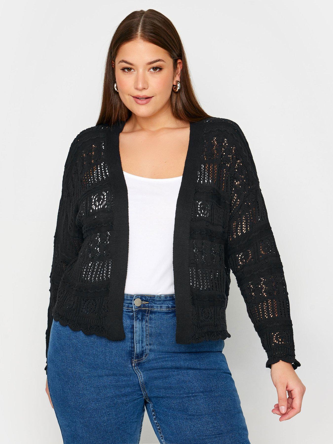 Yours Curve Mixed Pointelle Short Cardi Black | Very