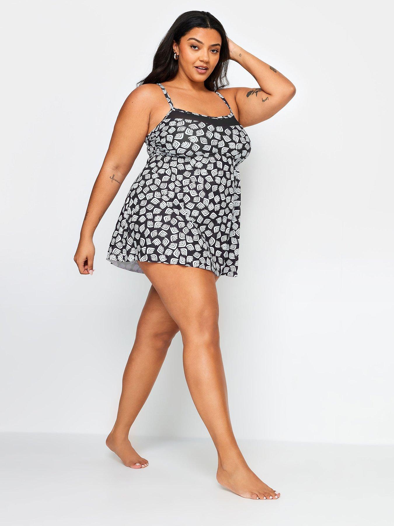 Yours Curve Mini Geometric Mesh Swim Dress - Black | Very