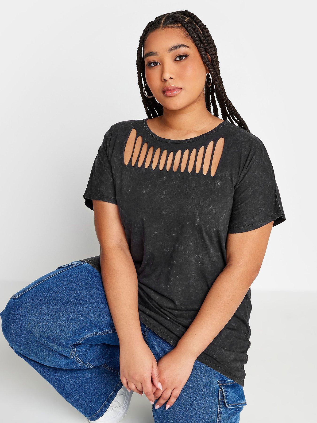 Yours Curve Laser Cut T-shirt Acid Wash | Very