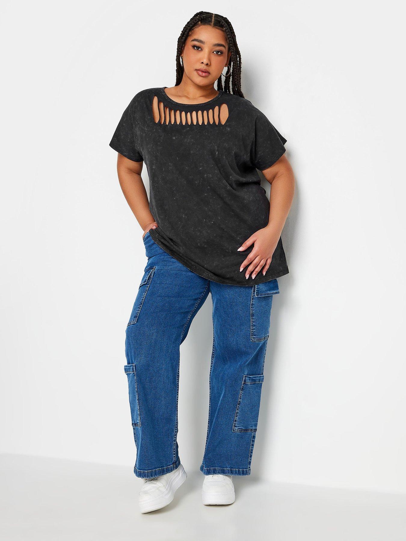 Yours Curve Laser Cut T-shirt Acid Wash | Very