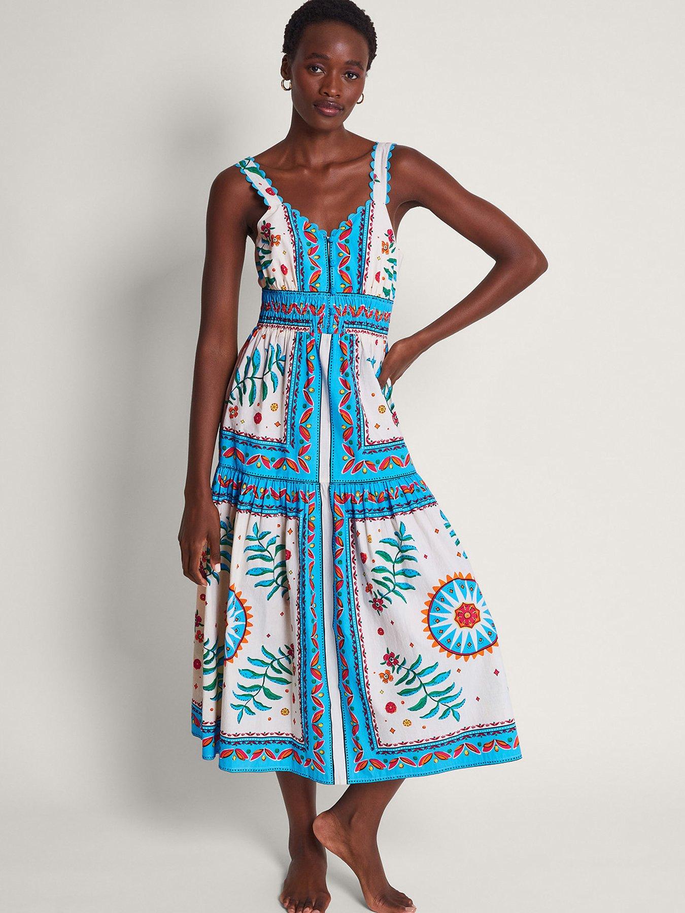 Monsoon Anya Border Print Dress - Blue/White | Very