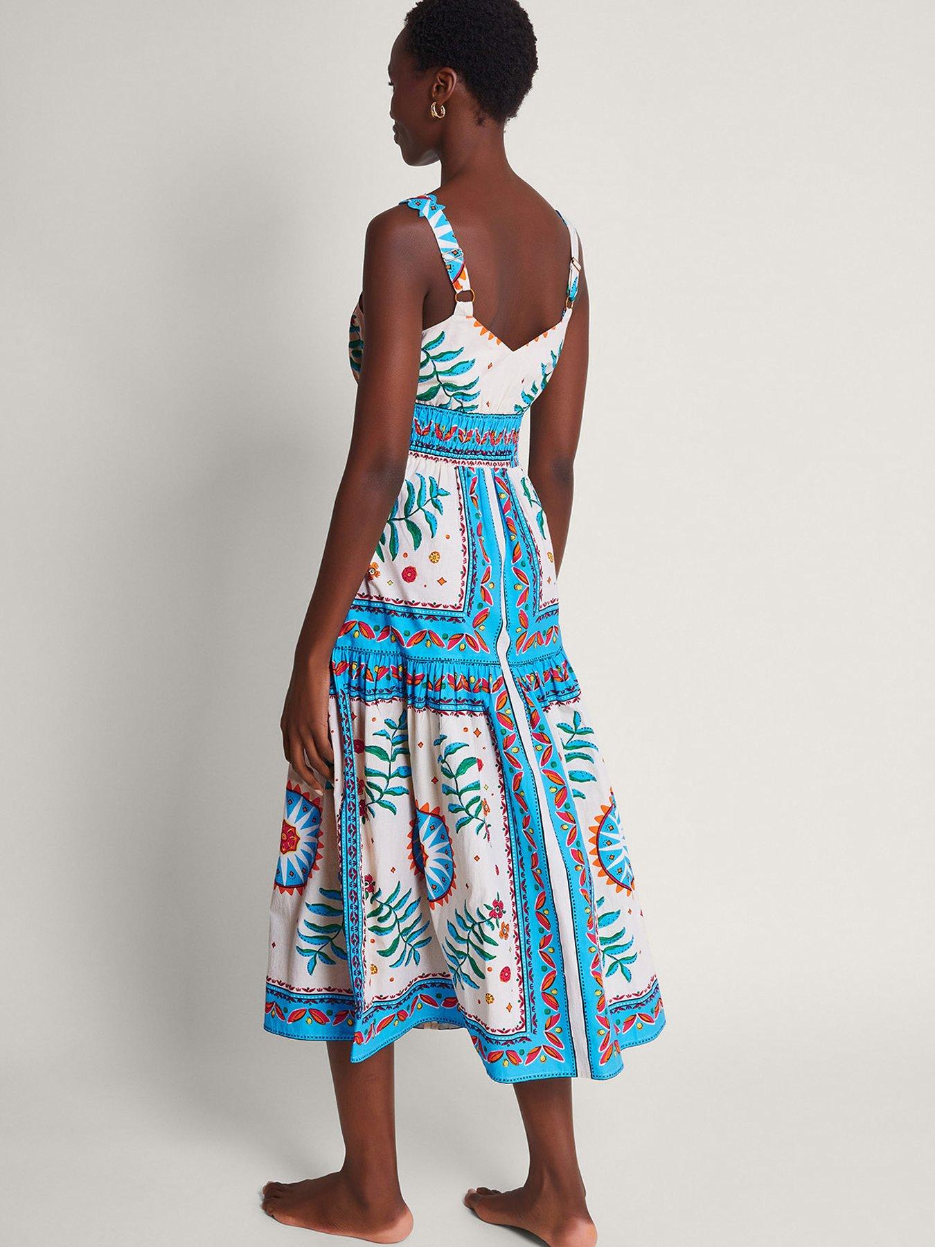 Monsoon Anya Border Print Dress - Blue/White | Very