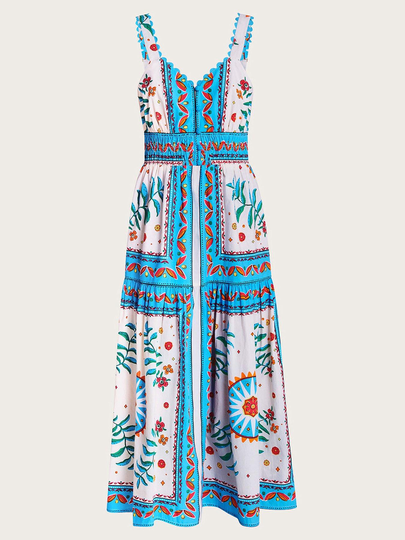 Monsoon Anya Border Print Dress - Blue/White | Very