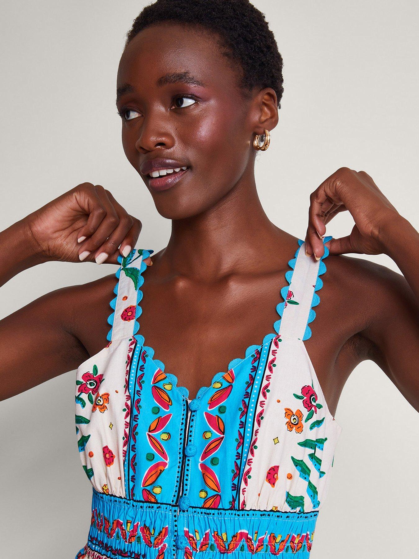 Monsoon Anya Border Print Dress - Blue/White | Very