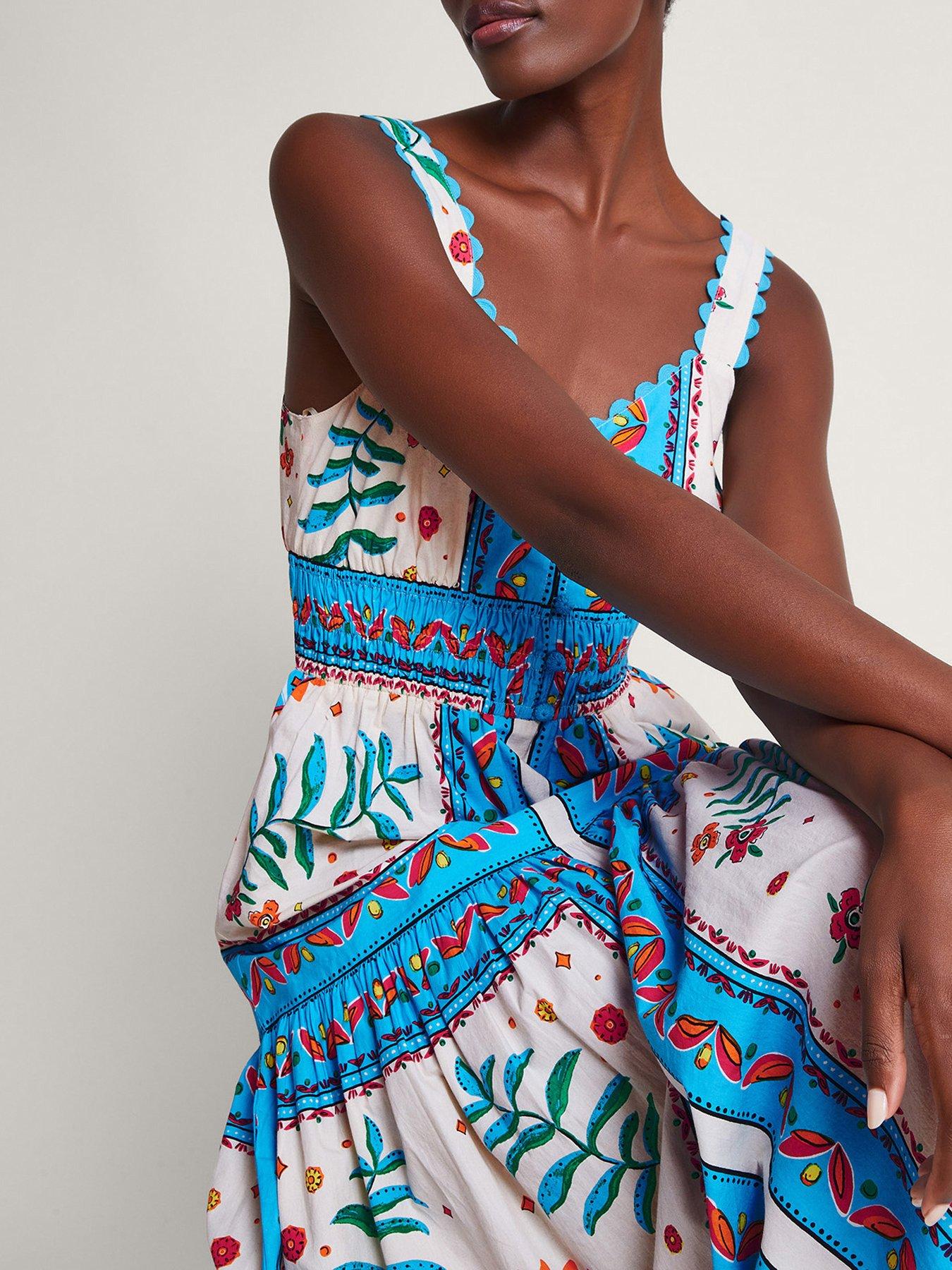 Monsoon Anya Border Print Dress - Blue/White | Very