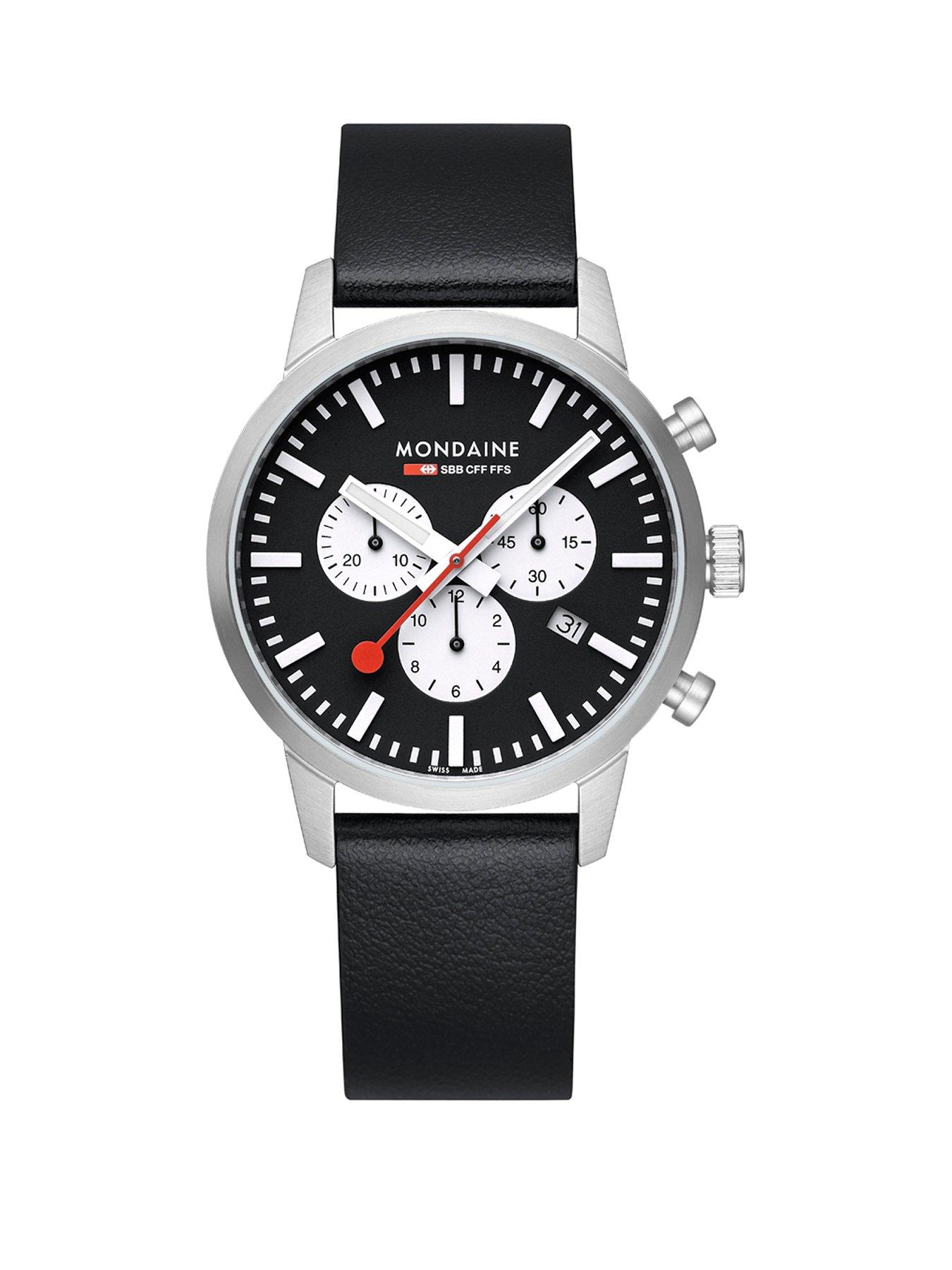 Mondaine Neo Chrono Black/White Dial 41mm Watch - Grape Leather | Very
