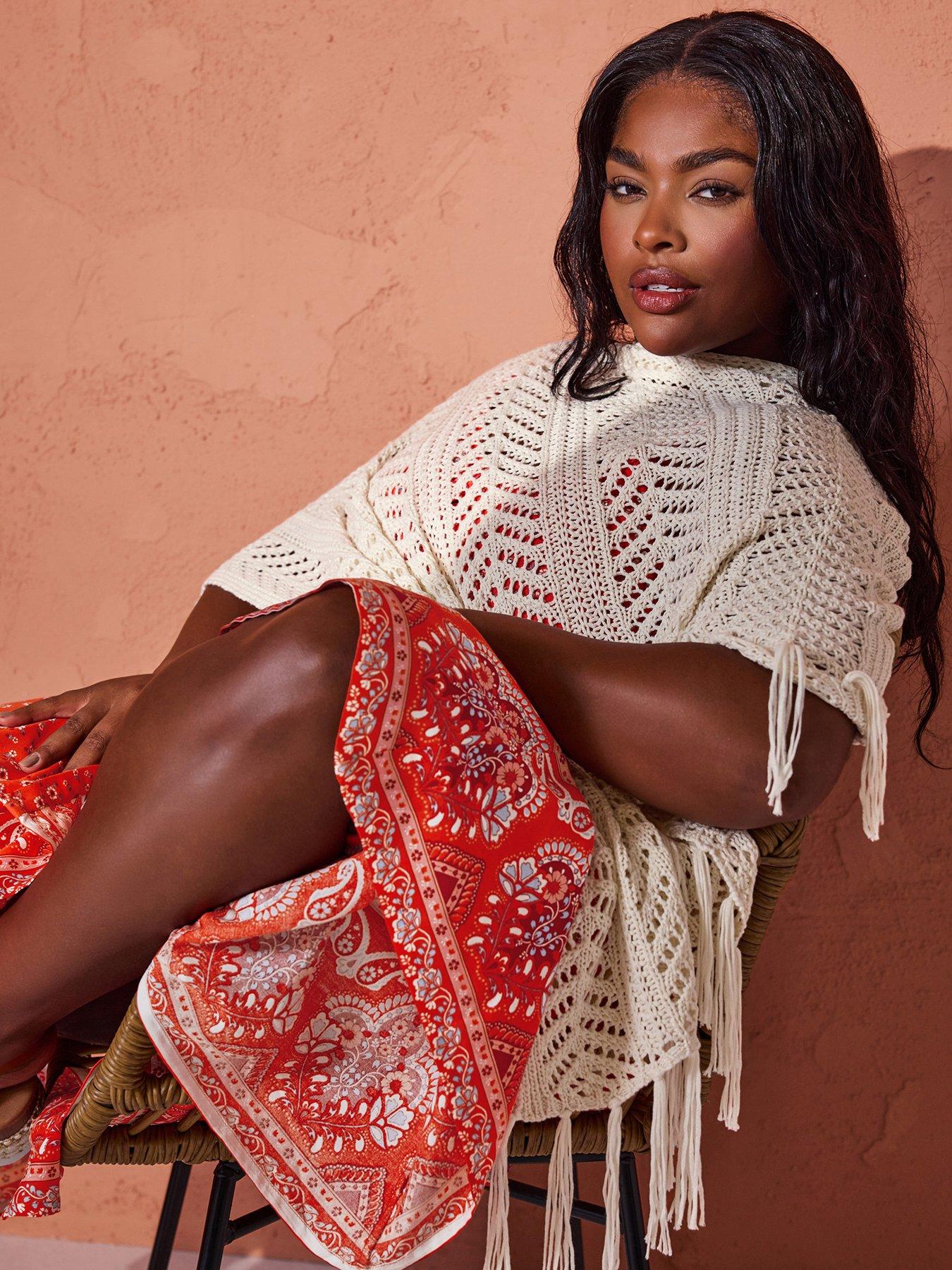 Yours Curve Pointelle Knitted Poncho Cream | Very