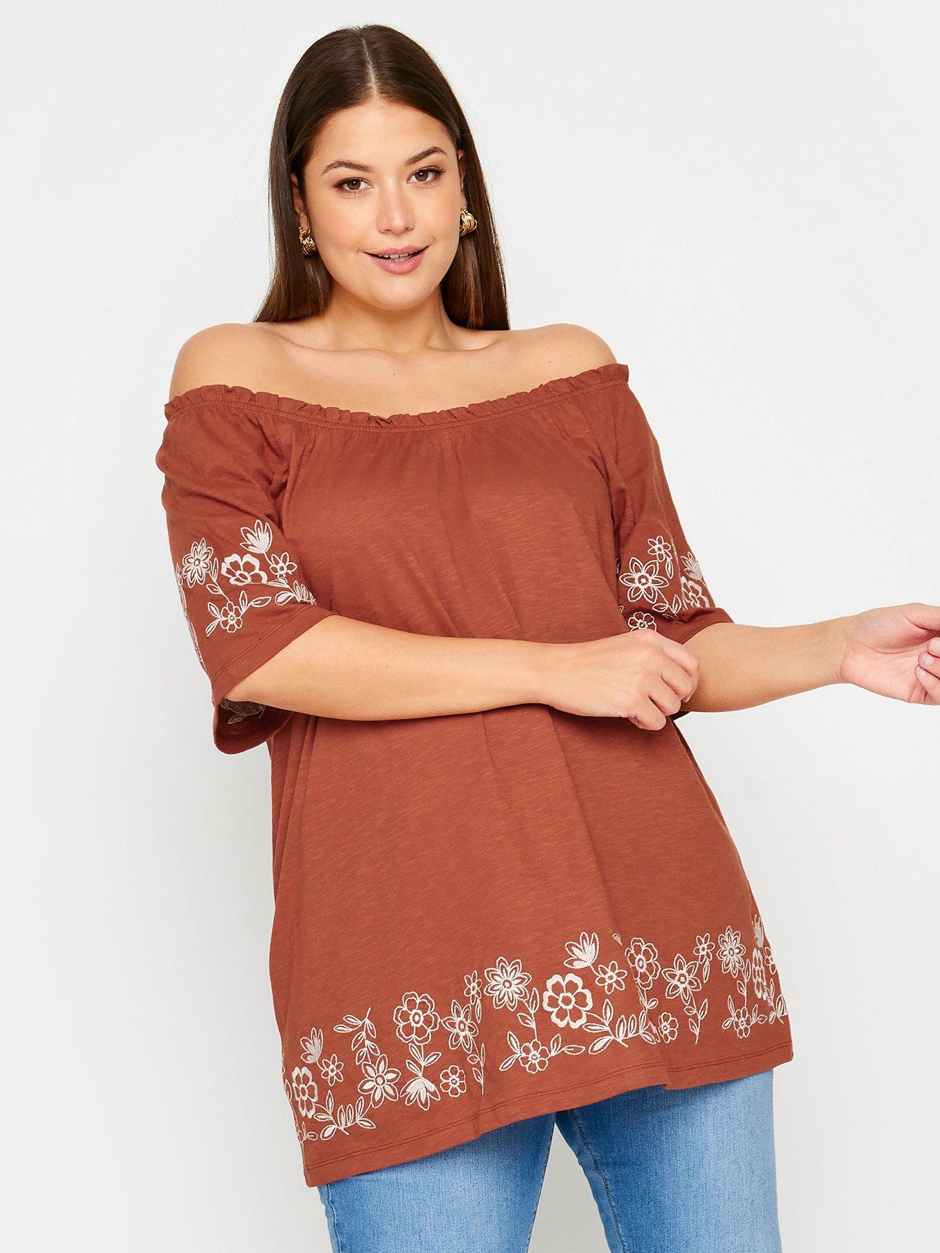 Yours Curve Embroidered Detail Bardot Top - Orange | Very