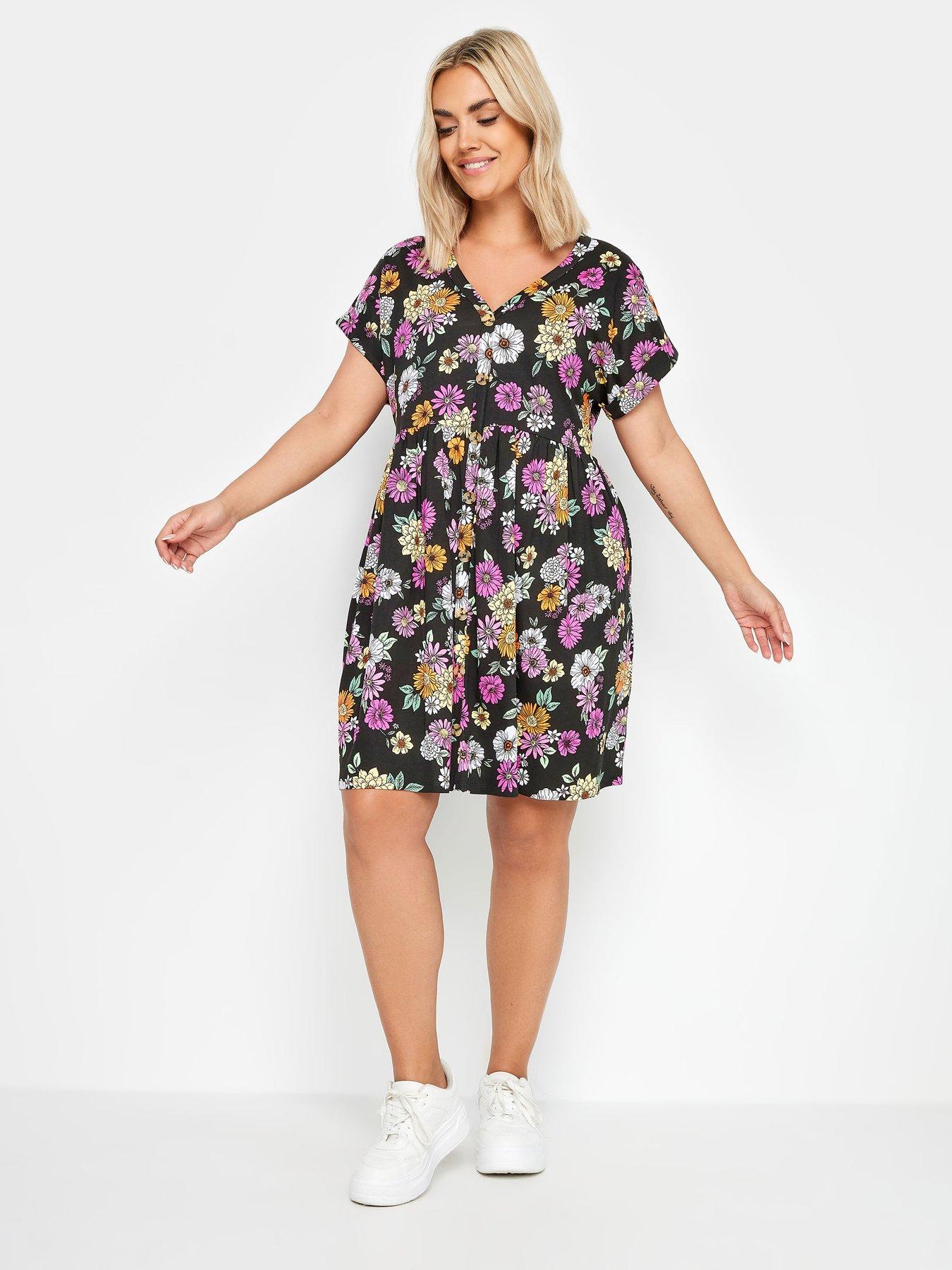 Yours Curve Button Front Smock Dress - Black | Very