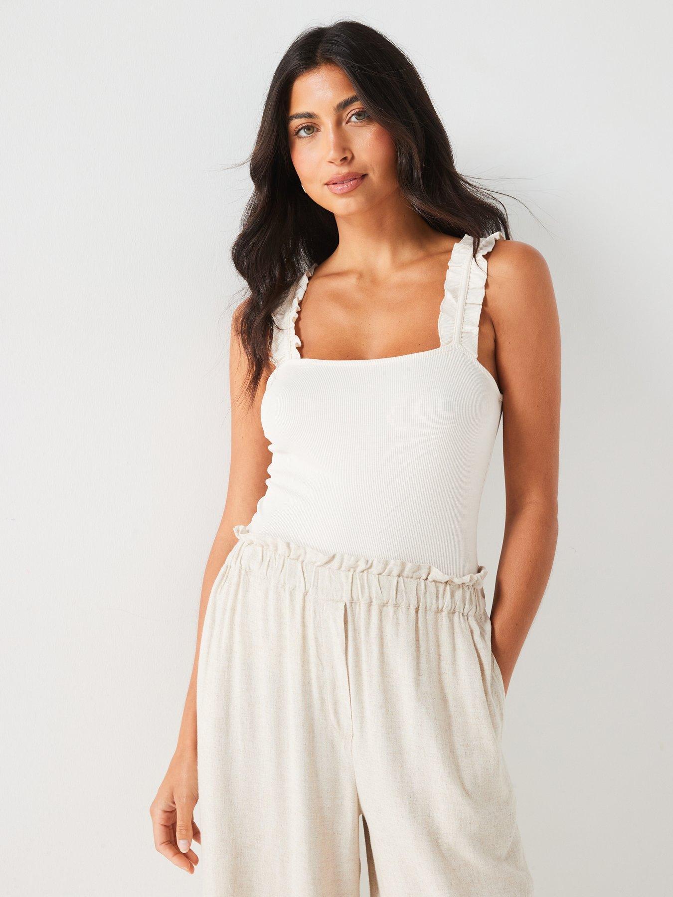 V by Very Ruffle Sleeve Rib Vest - Cream | Very