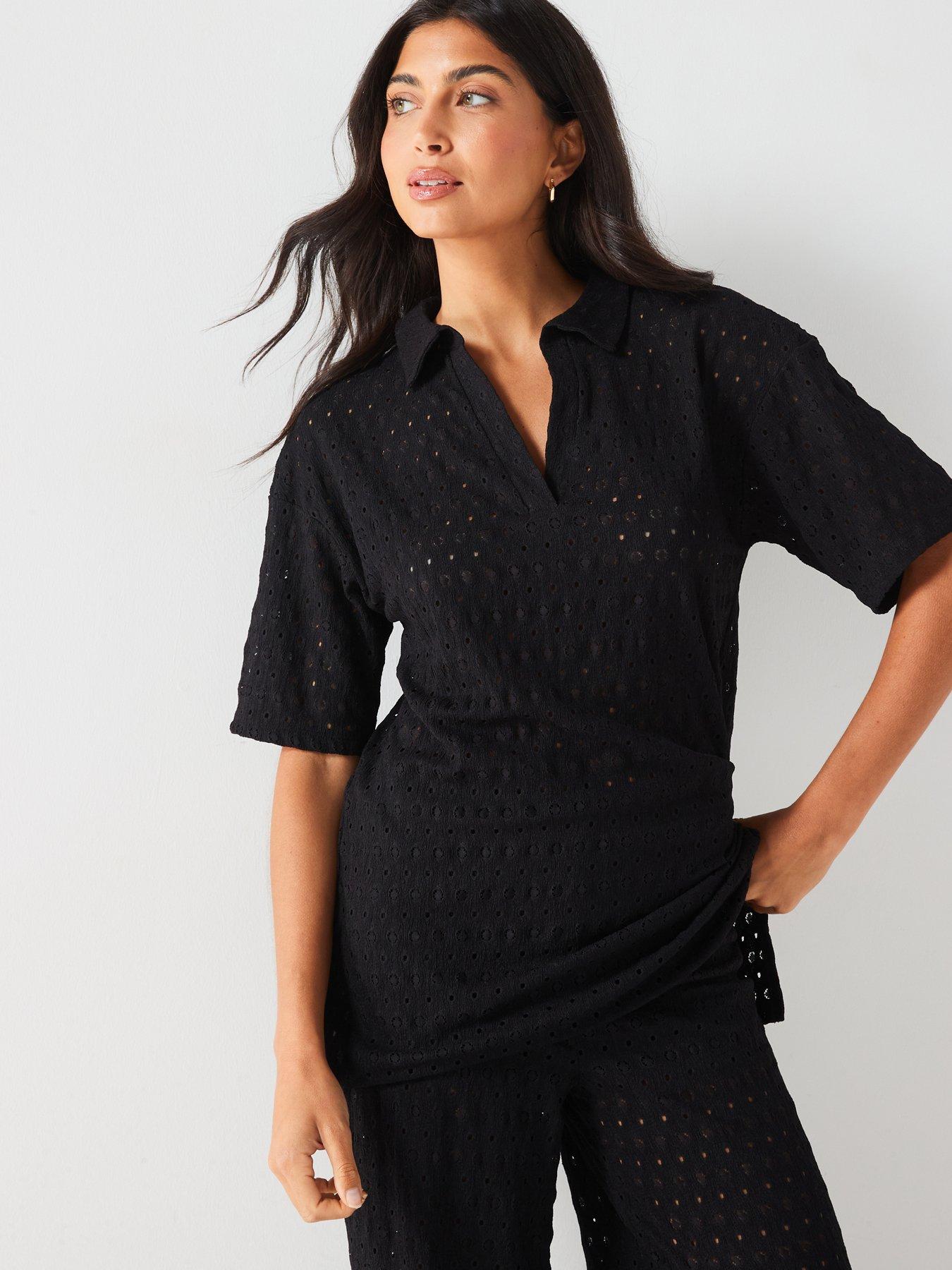 V by Very Crochet Longline Split Top - Black | Very