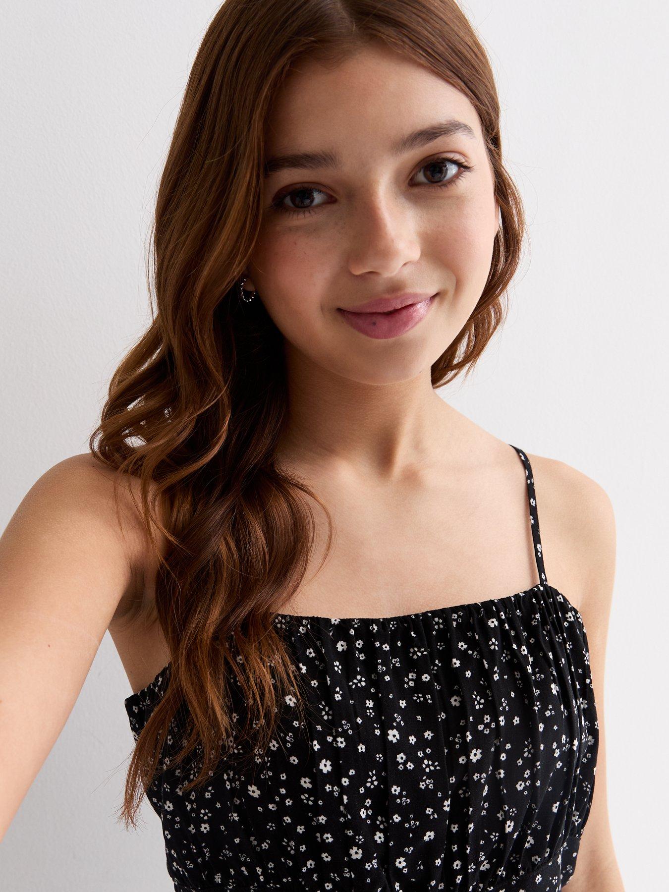 New Look 915 Girls Black Ditsy Print Ruched Strappy Playsuit | Very.co.uk