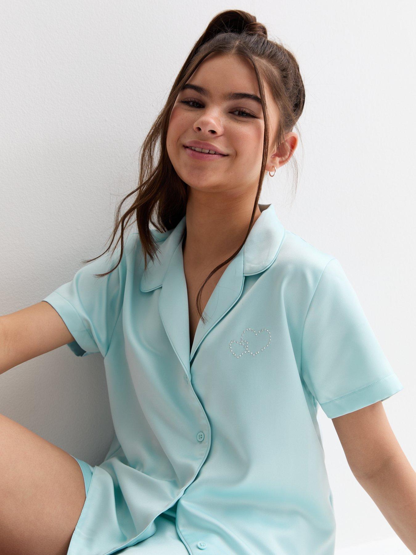 New Look 915 Girls Pale Blue Satin Short Pyjama Set With Heart Logo ...