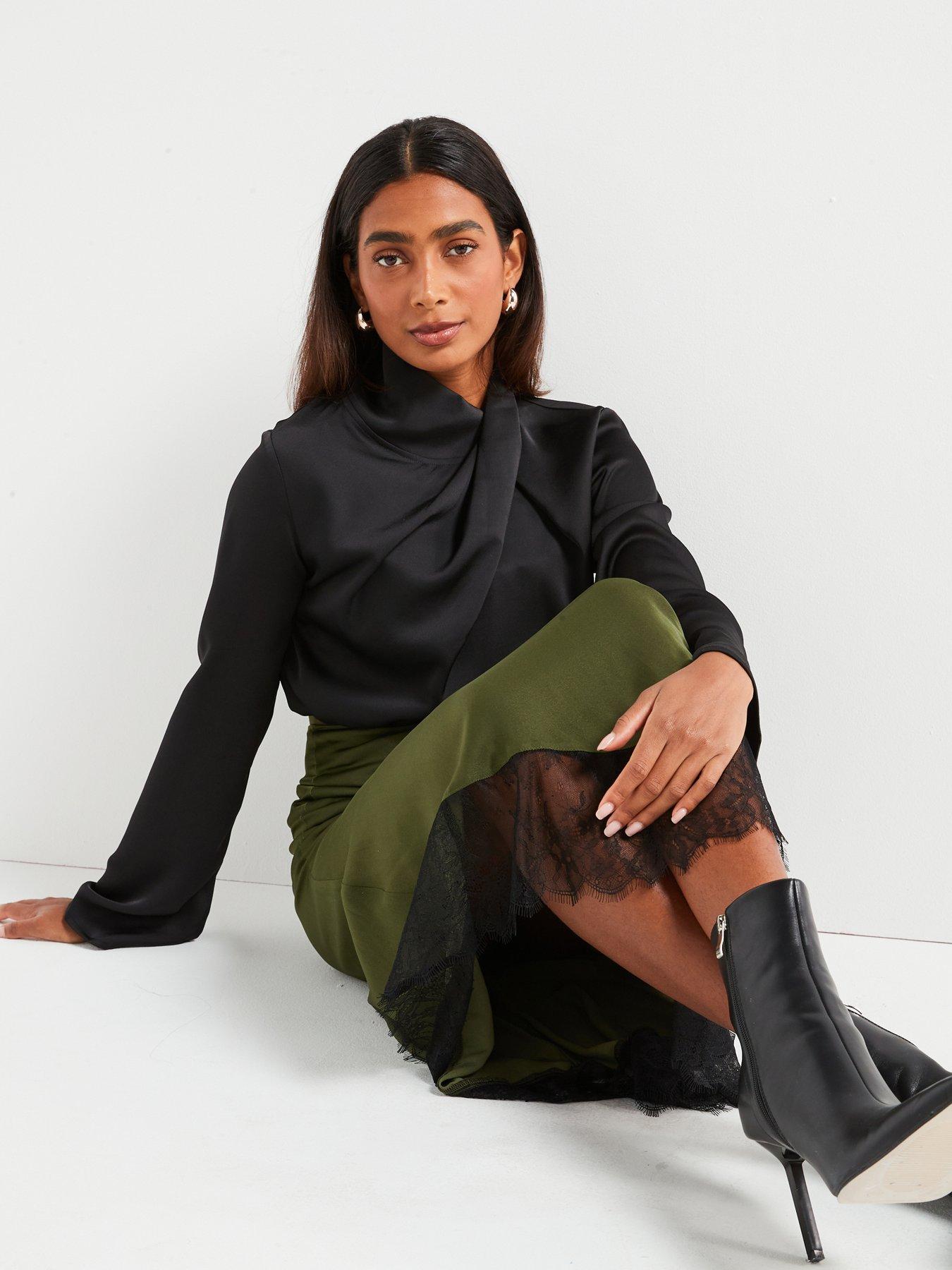 V by Very Lace Hem Satin Midi Skirt - Khaki | Very