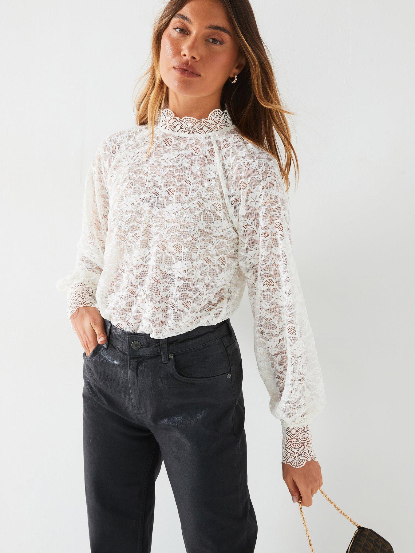 V by Very High Neck Lace Shell Top - Ecru | Very