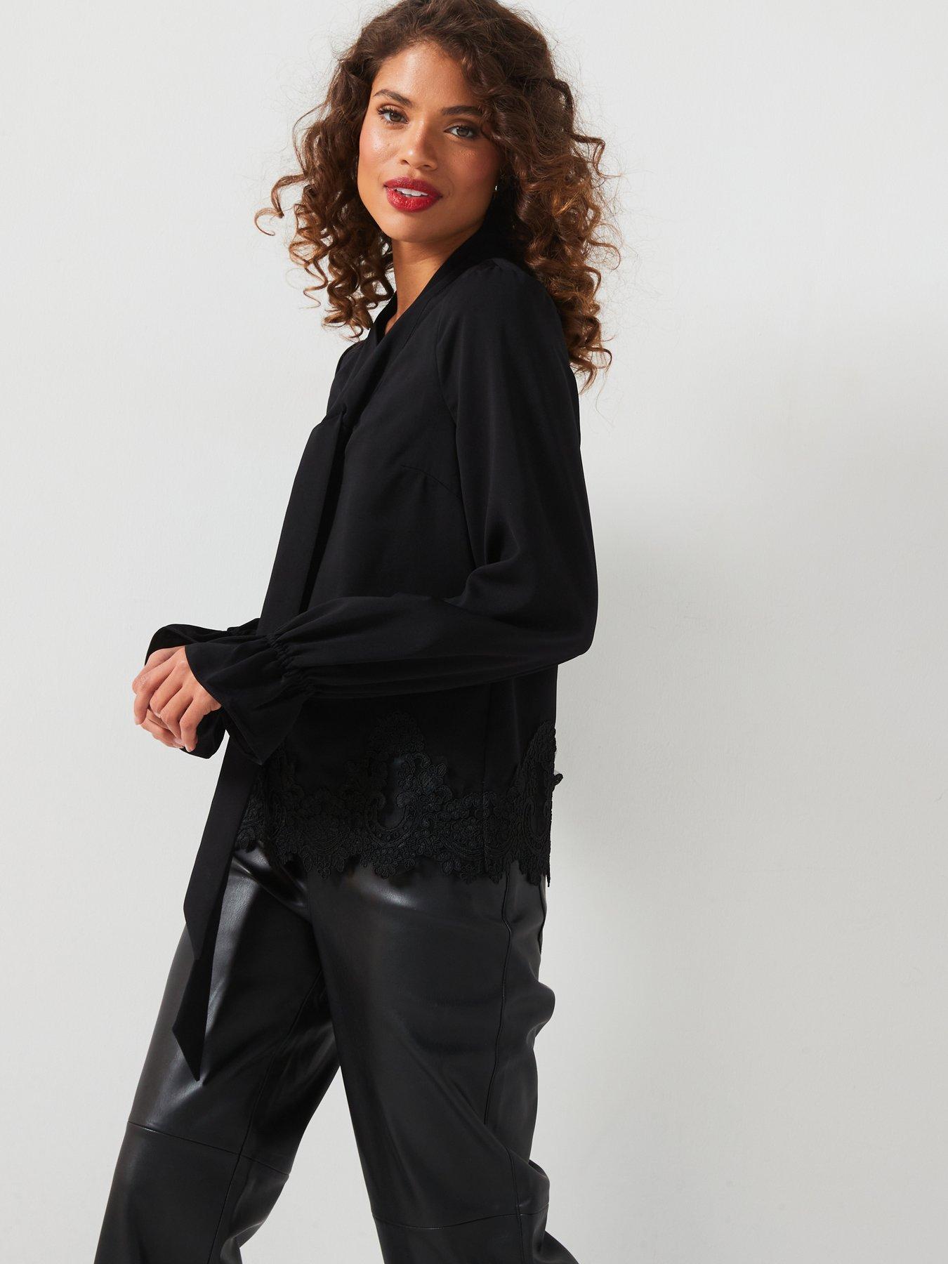 V by Very Lace Hem Satin Blouse - Black | Very