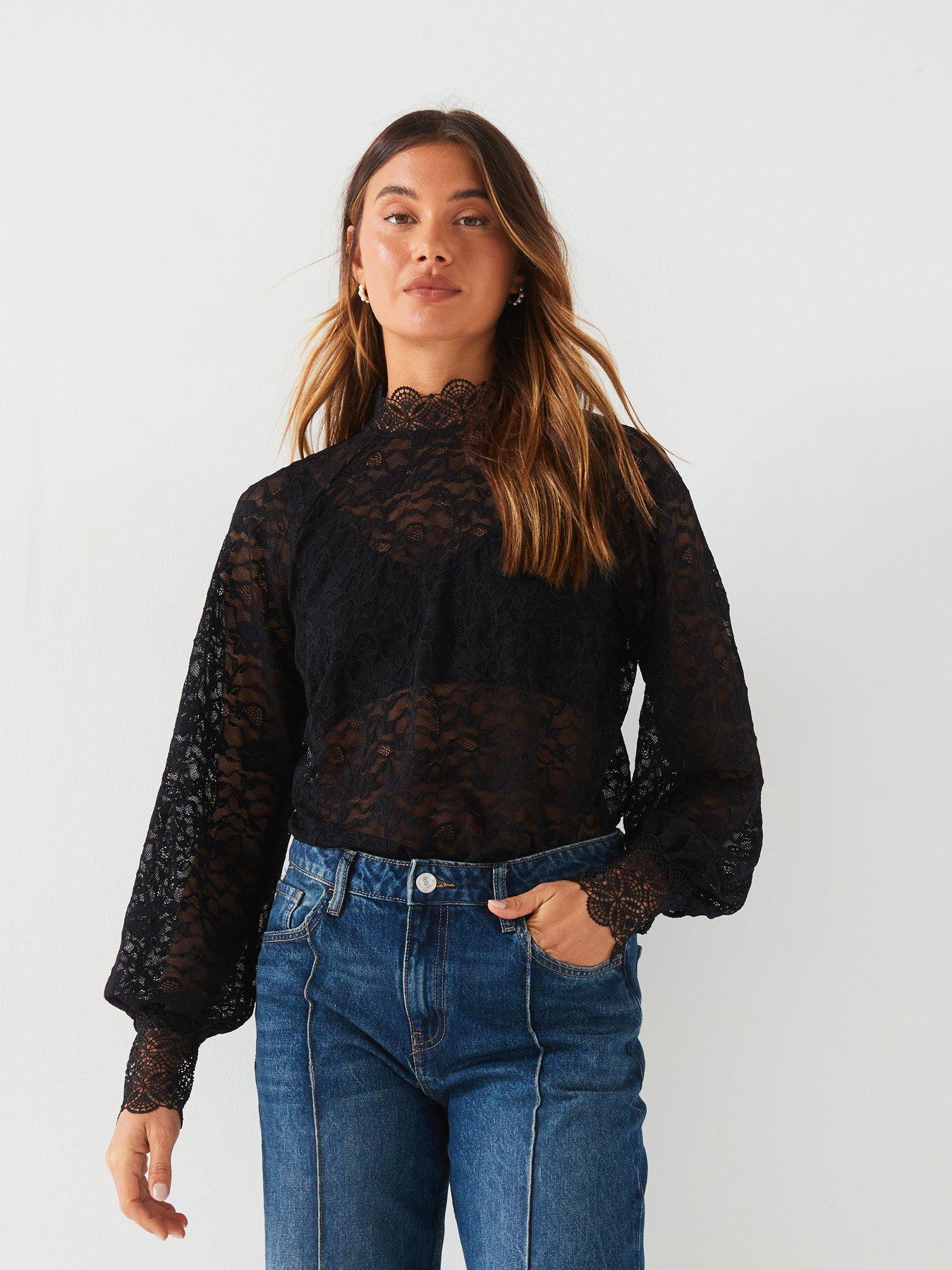 V by Very High Neck Lace Shell Top - Black | Very