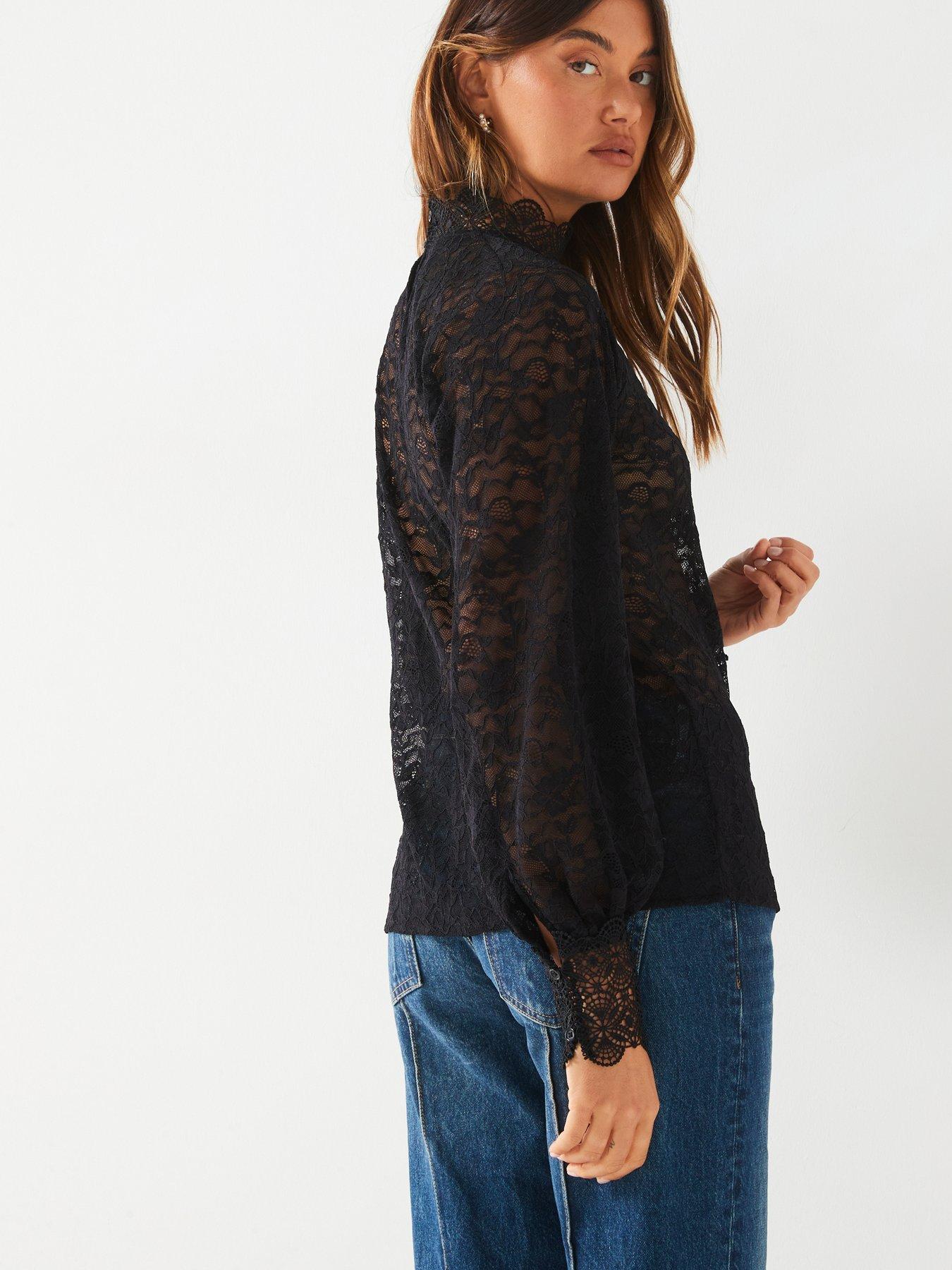 V by Very High Neck Lace Shell Top - Black | Very