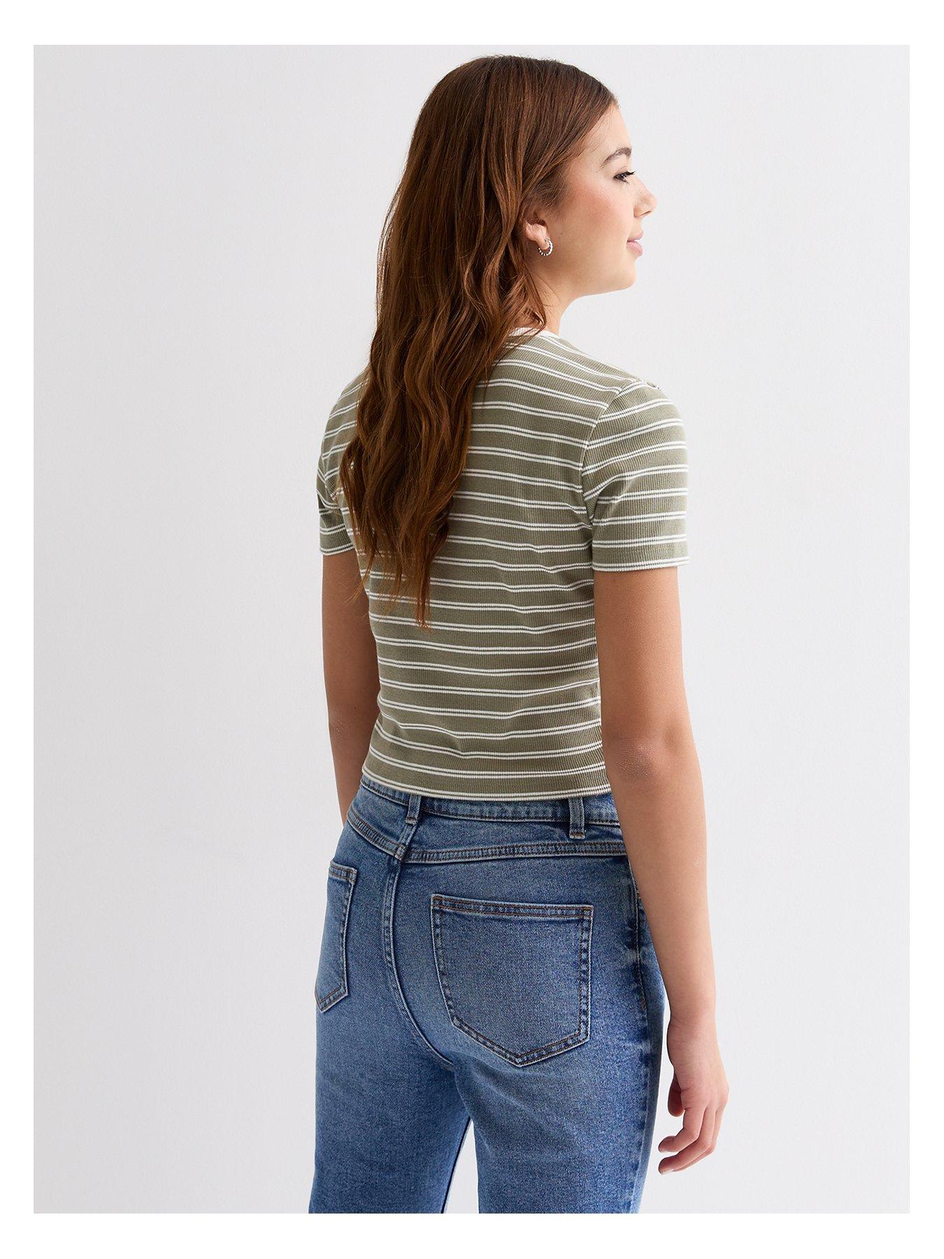 New Look 915 Girls Green Stripe Ribbed Monterey Logo T-shirt | Very.co.uk