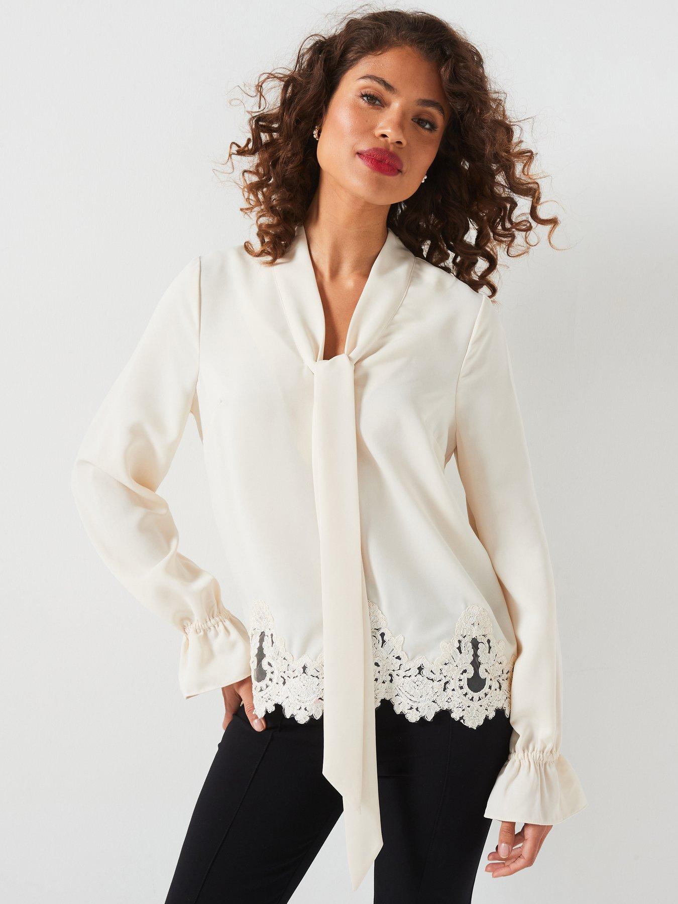 V by Very Lace Hem Satin Blouse - Ivory | Very