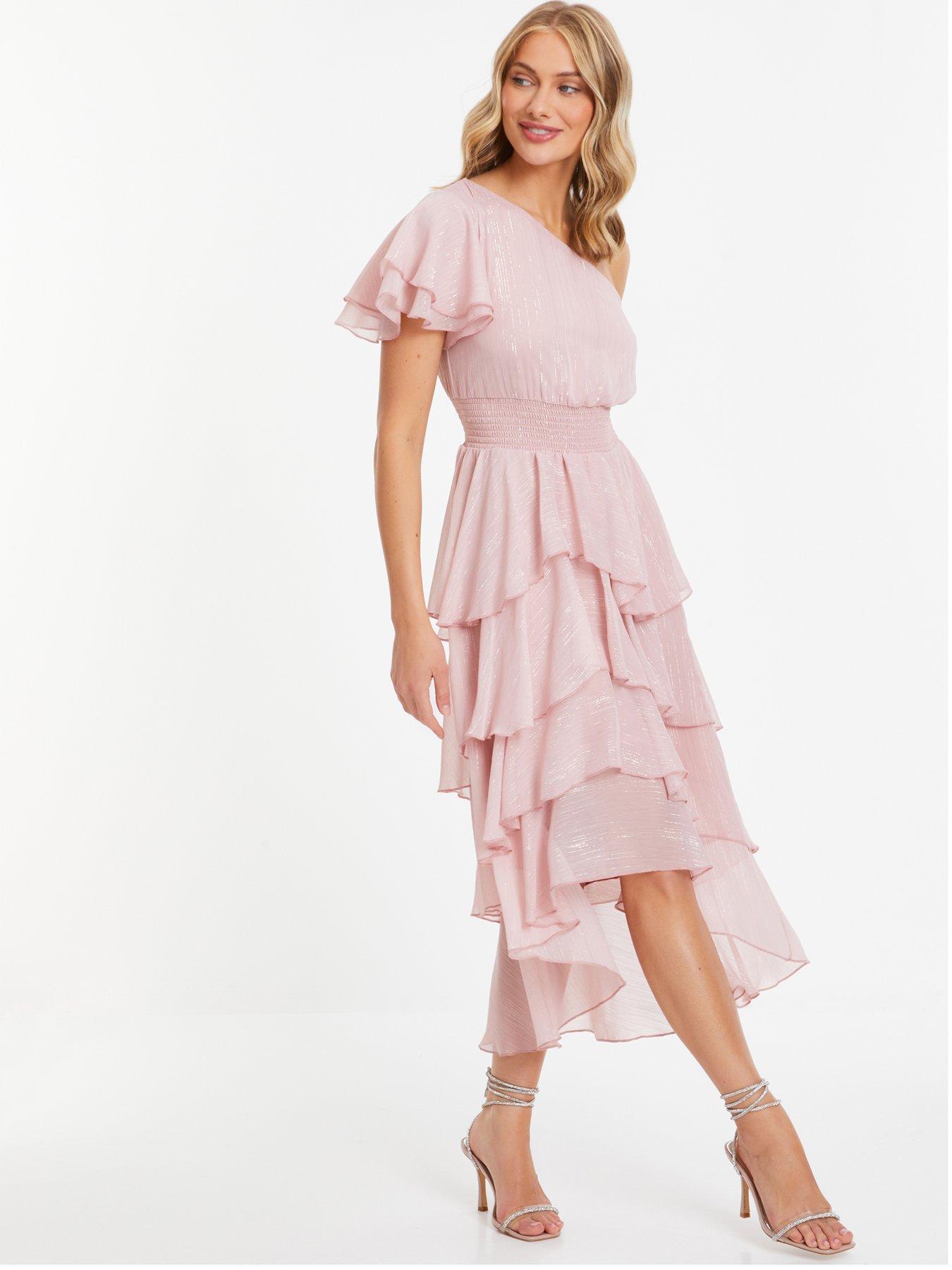 Quiz Light Pink Chiffon One Sleeve Frill Midi Dress | Very