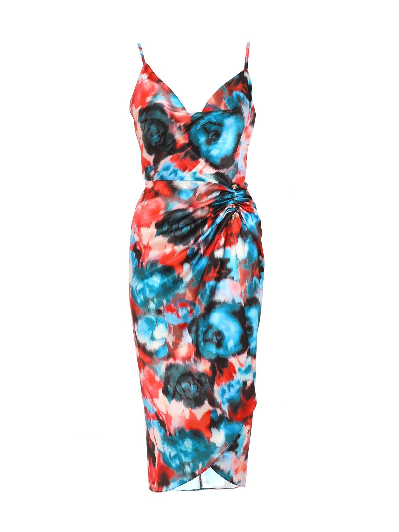 Quiz Multicoloured Satin Smudge Print Wrap Midi Dress | Very