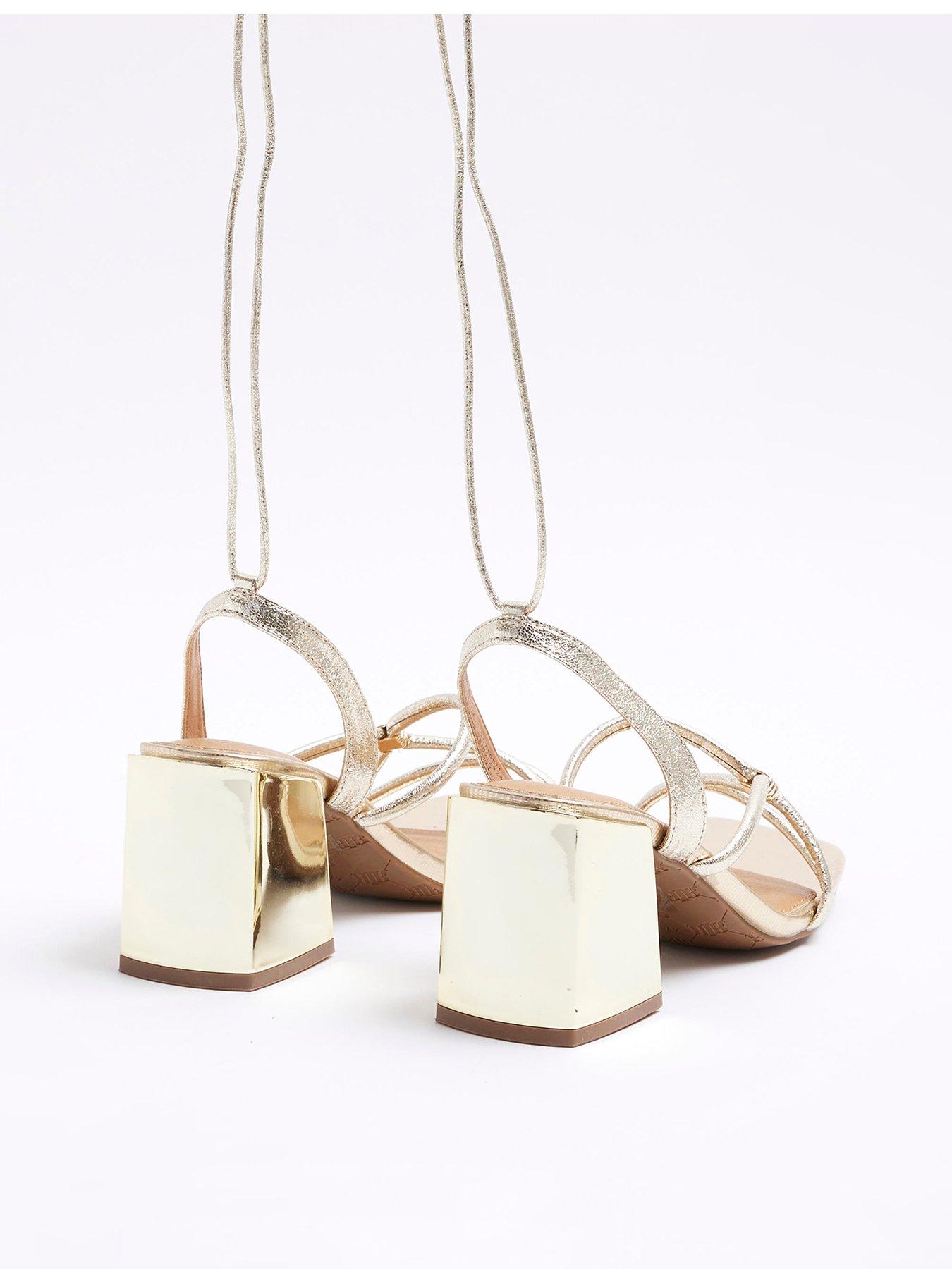 River Island Tie Up Block Heel Sandal Gold Uk