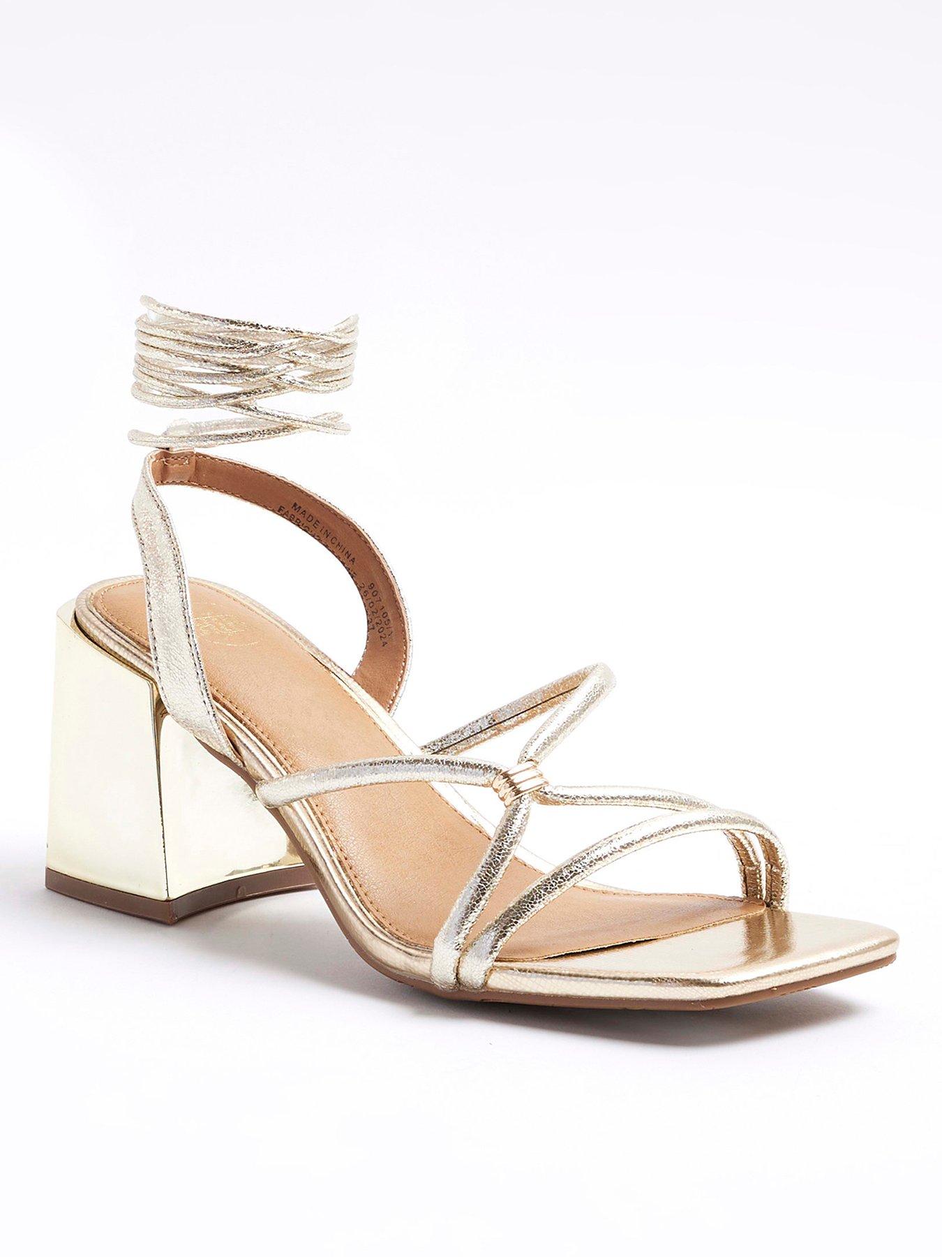 River Island Tie Up Block Heel Sandal Gold Uk