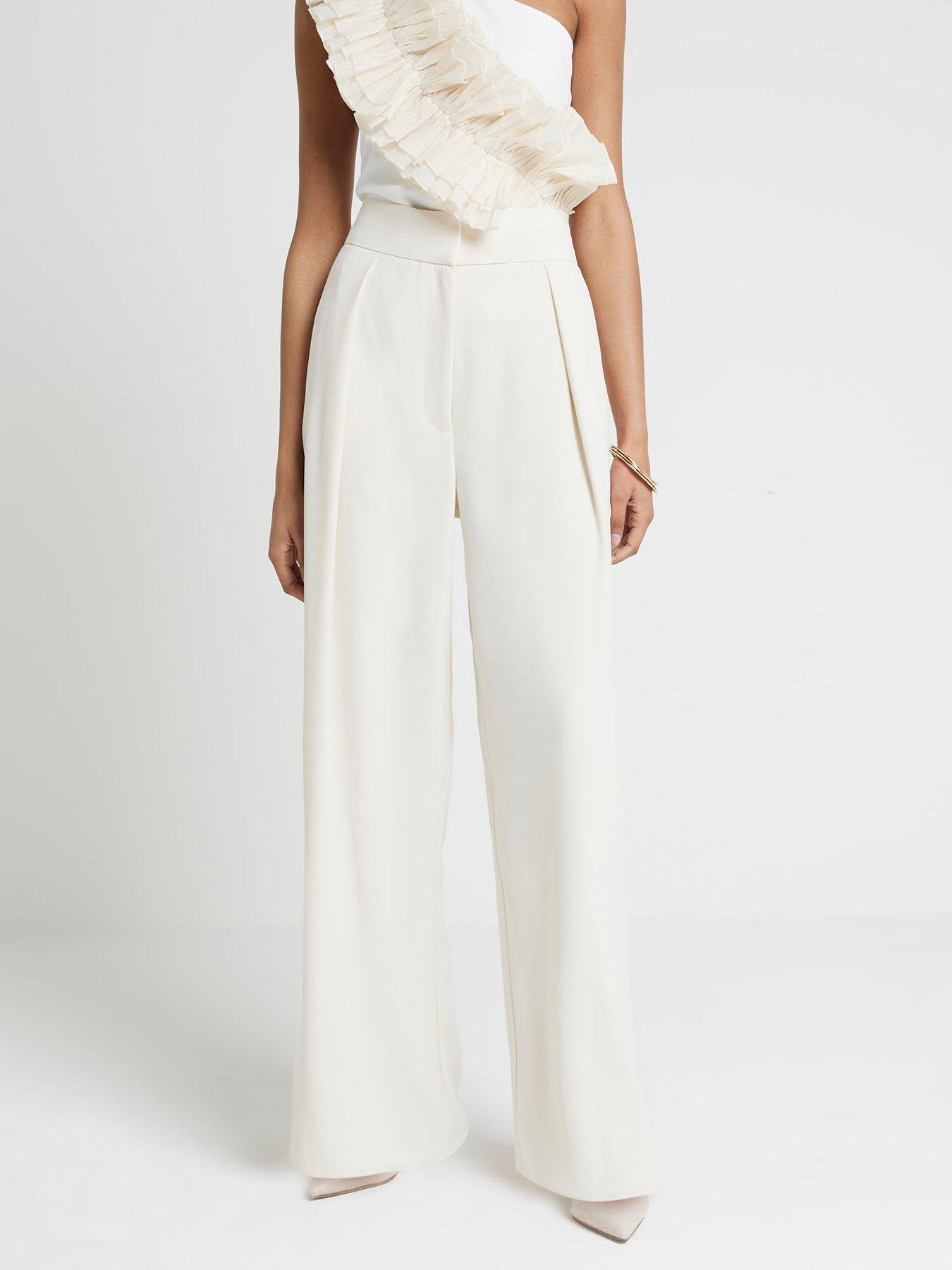 River Island Wide Leg Pleated Trouser Cream Uk