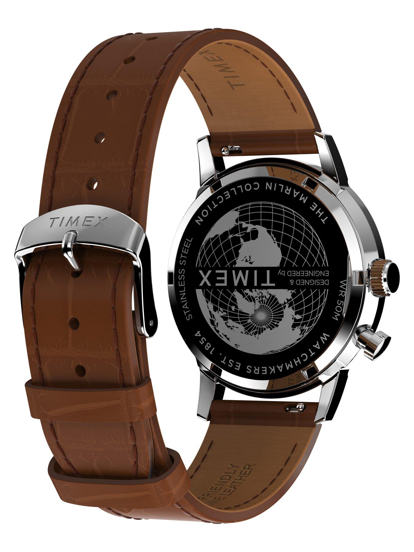 Timex Marlin Quartz Moon Phase Stainless Steel Case Green Dial Brown ...