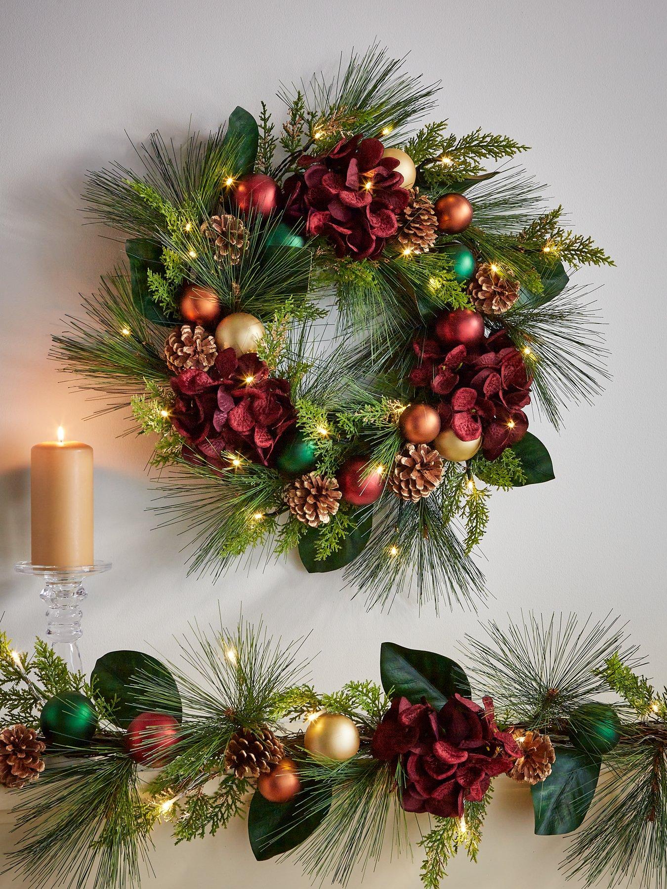 Very Home Red Hydrangea Pre-Lit Christmas Wreath | Very