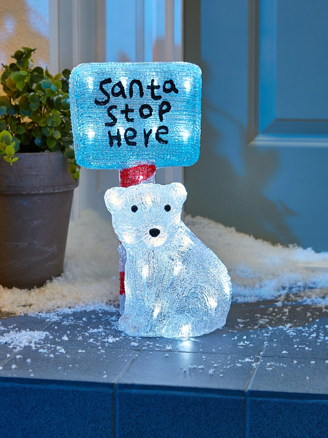 Very Home Acrylic Spun Lit Polar Bear Santa Stop Here Sign Outdoor ...